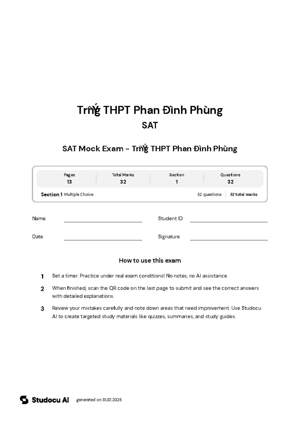 SAT Mock Exam - Trường THPT Phan Đình Phùng - Studocu