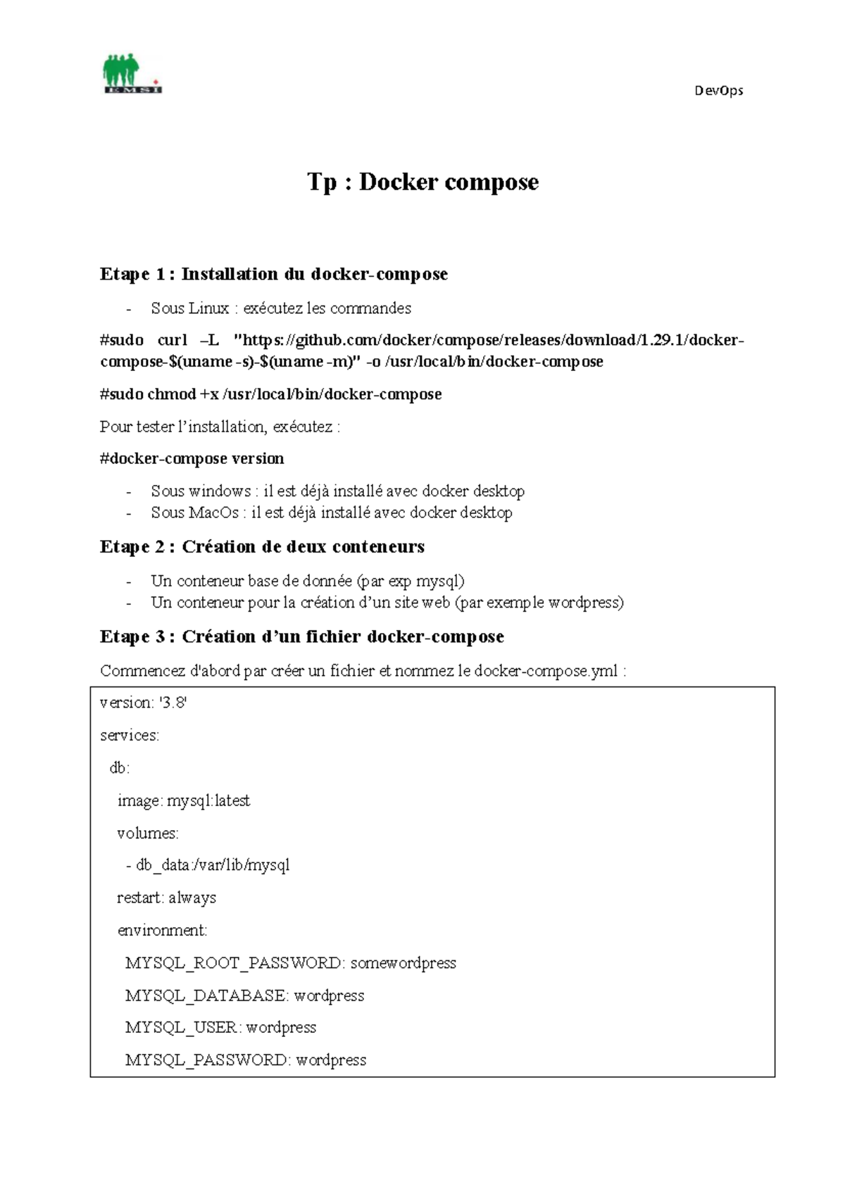 DevOps TP : Guide d'Installation et Configuration de Docker Compose - Studocu