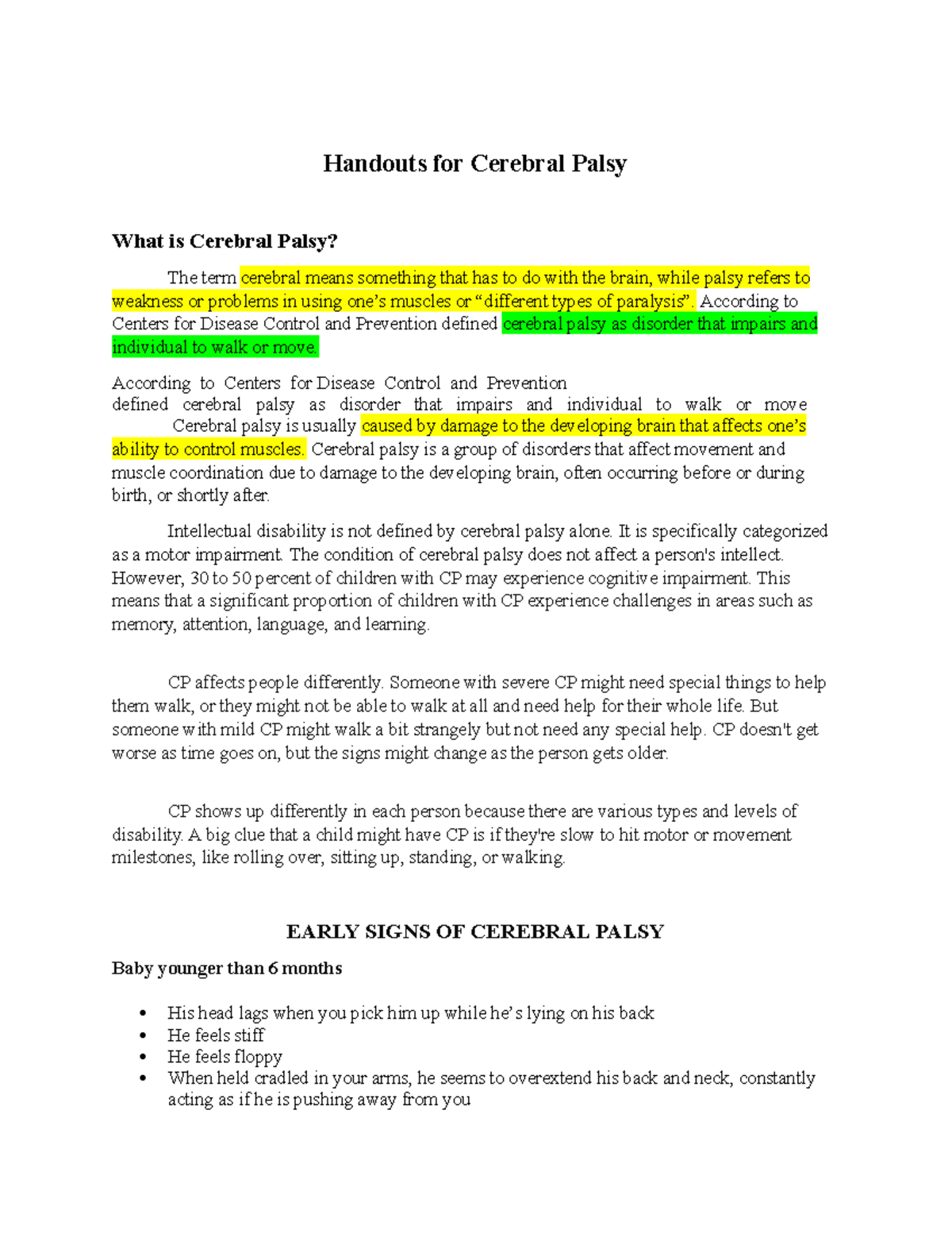 Cerebral Palsy Overview - DHEHWHWUCU Handouts and Types - Studocu