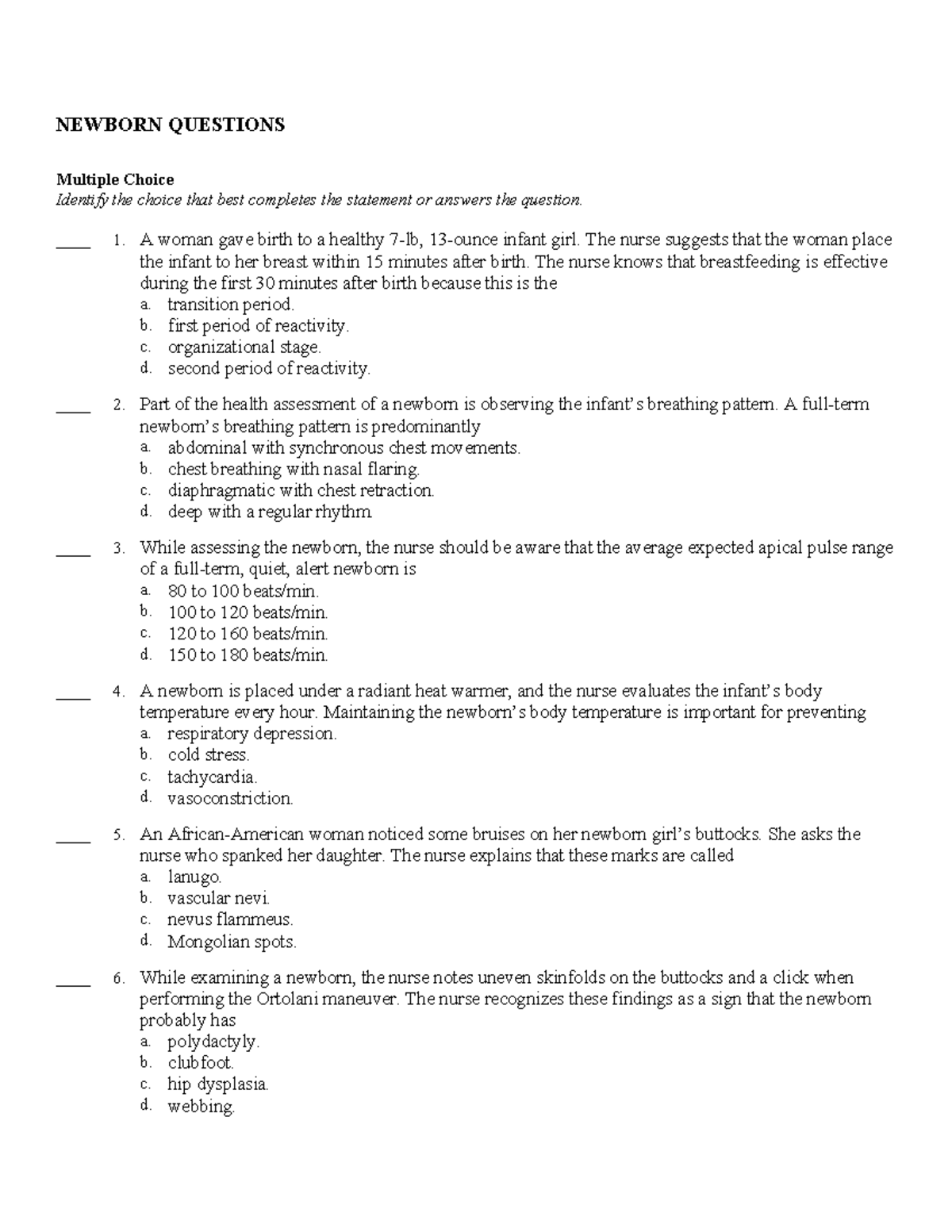 Newborn - Practice questions for nursing assessment and care - Studocu