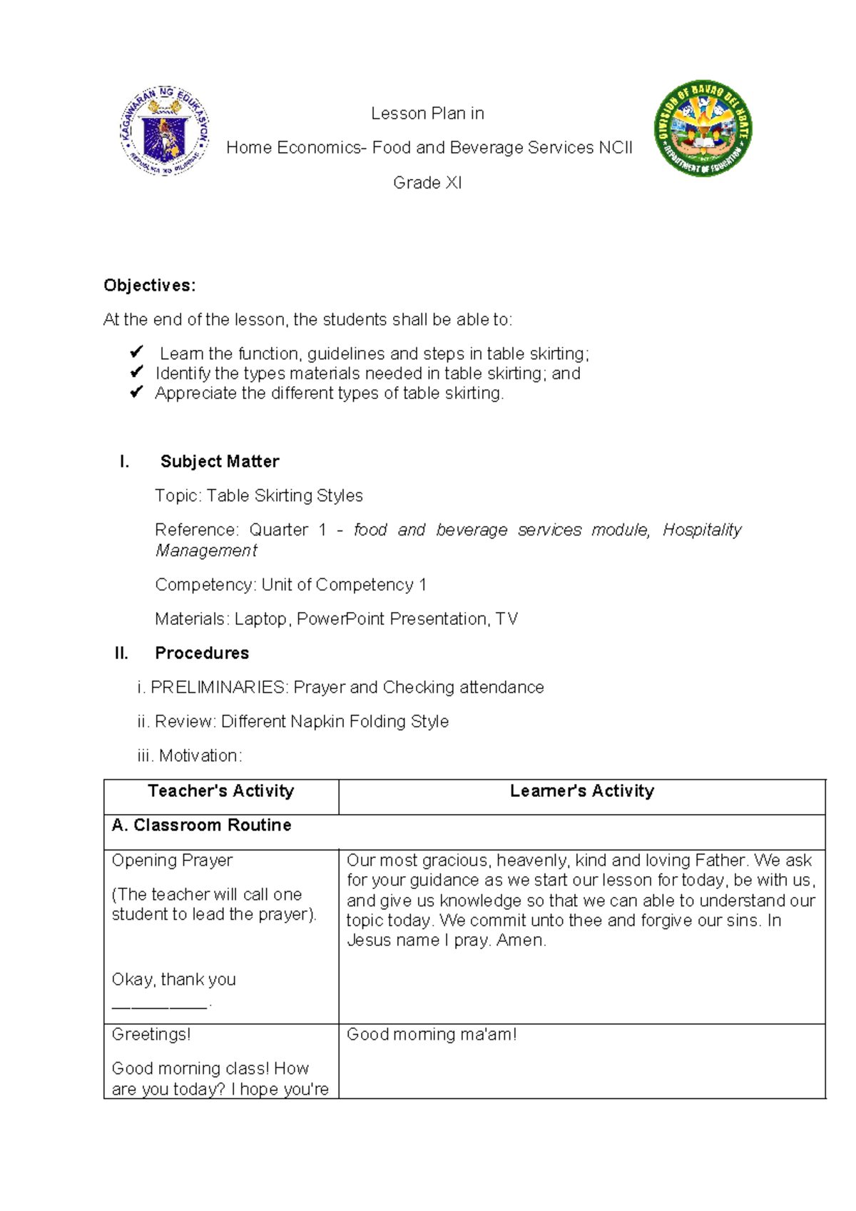 Lesson Plan on Table Skirting Styles - Home Ec NCII Grade XI - Studocu