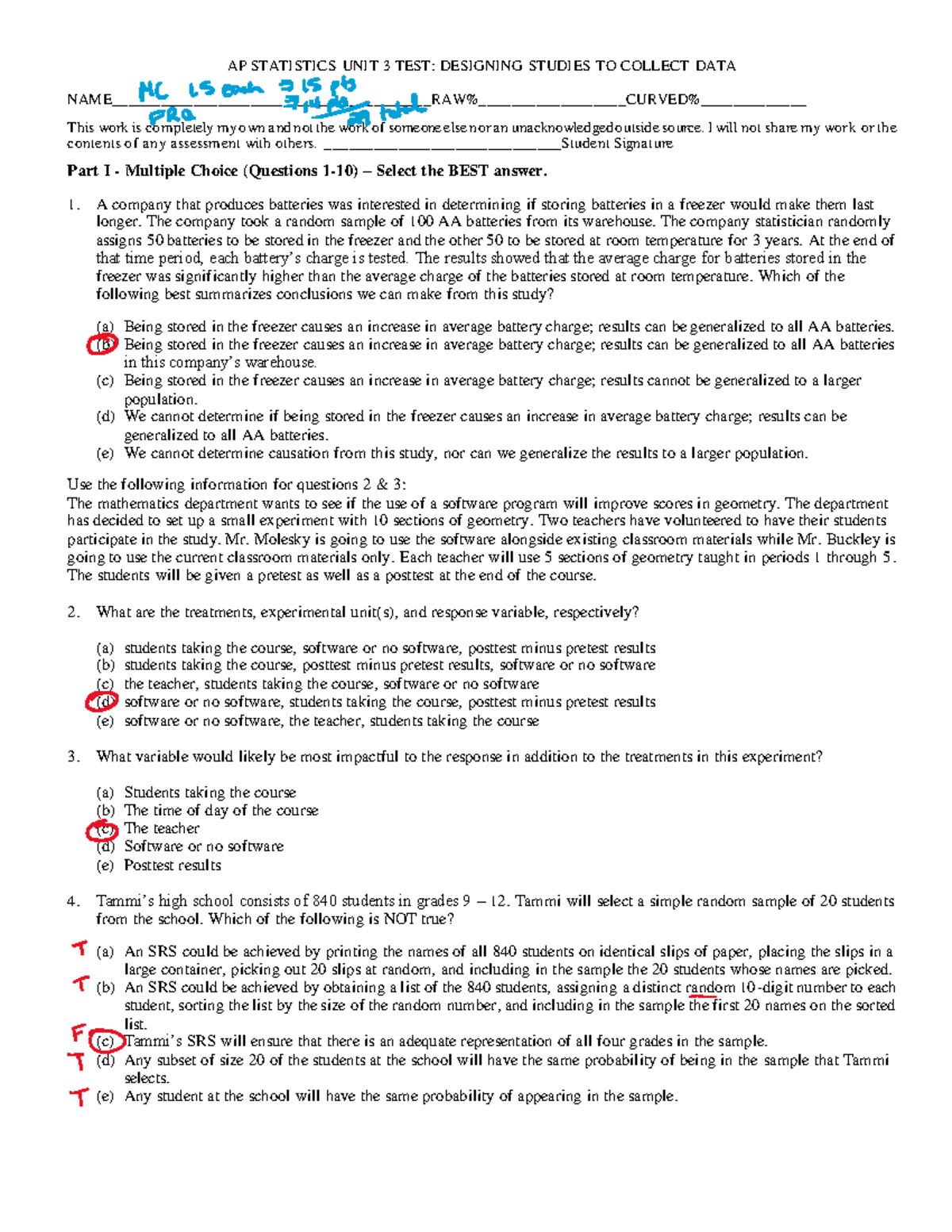 AP STATISTICS UNIT 3 TEST A KEY - DESIGNING STUDIES TO COLLECT DATA ...
