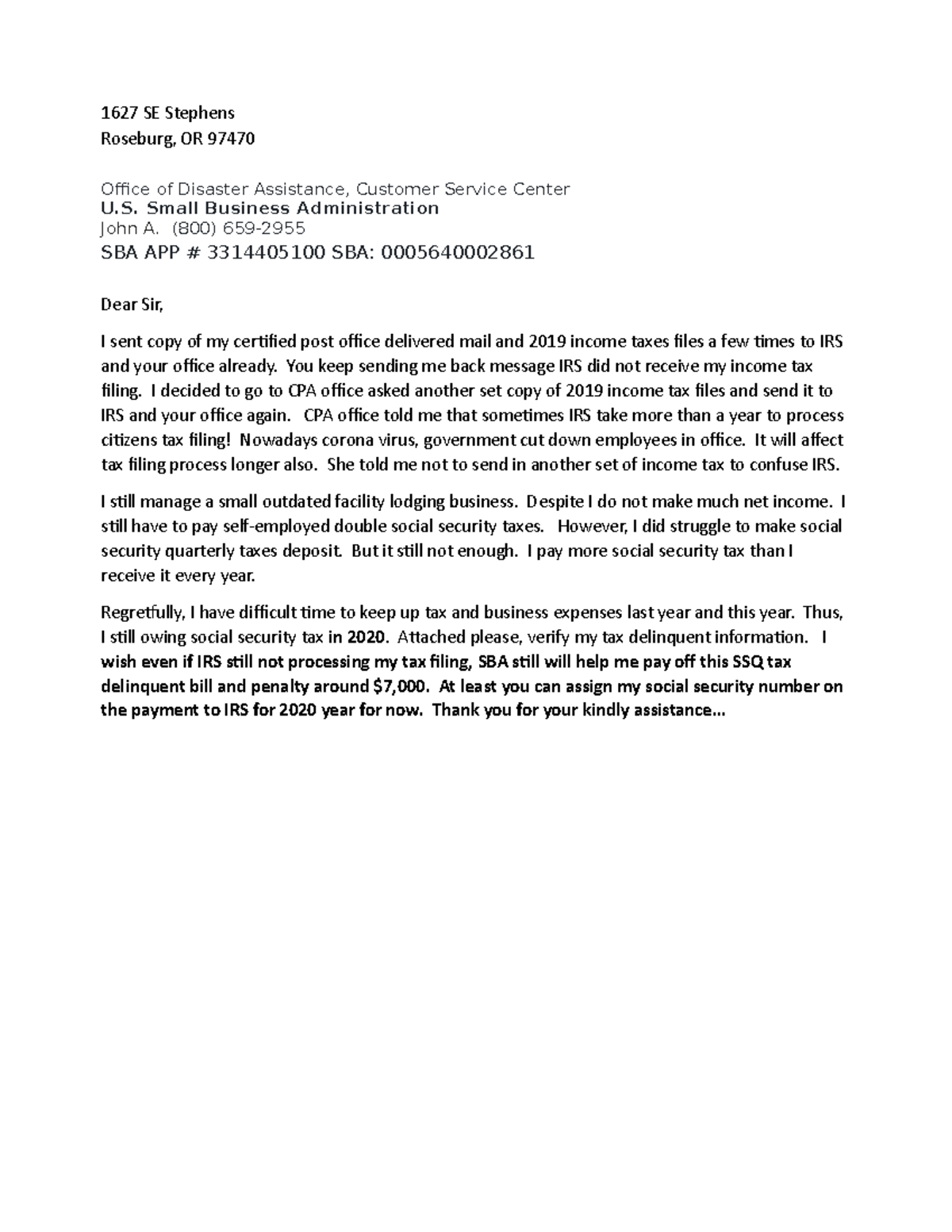 BA 324 SBA Assignment: Letter Regarding SSQ Tax Delinquency - Studocu