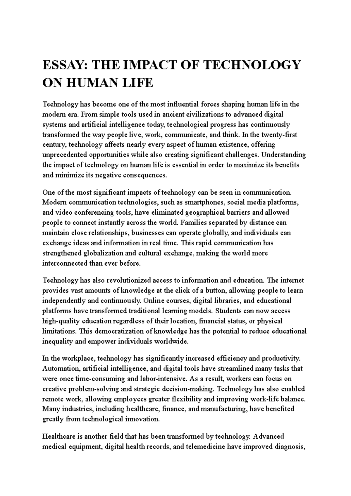 Essay: The Impact of Technology on Human Life - Studocu