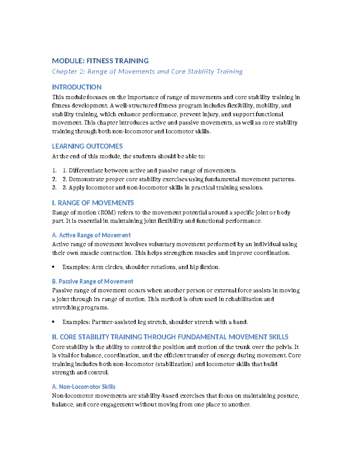 MODULE: FITNESS TRAINING Chapter 2 - Range of Movements & Core ...