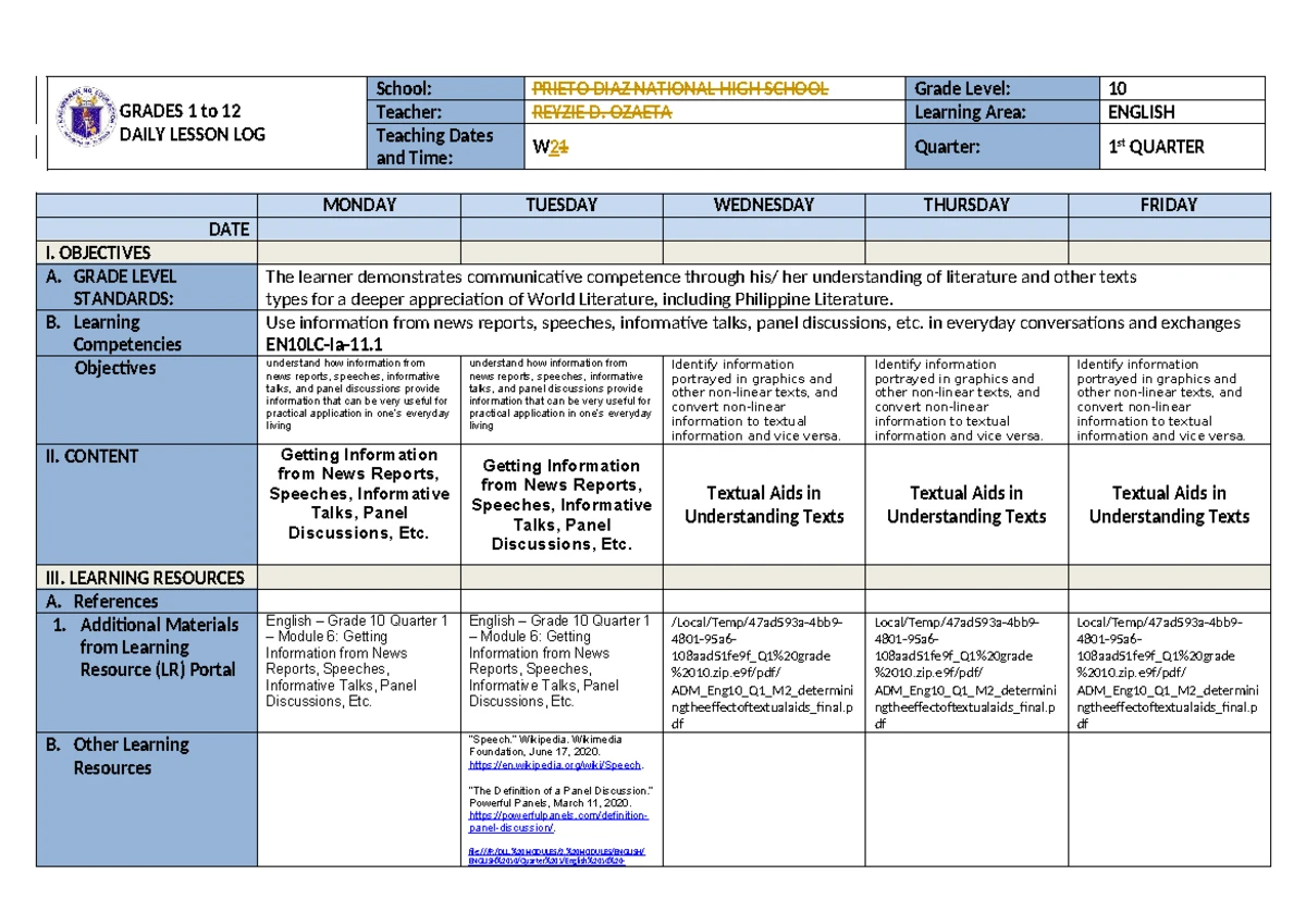 English 10 Quarter 1 Lesson Plan: Reflexive & Intensive Pronouns - Studocu