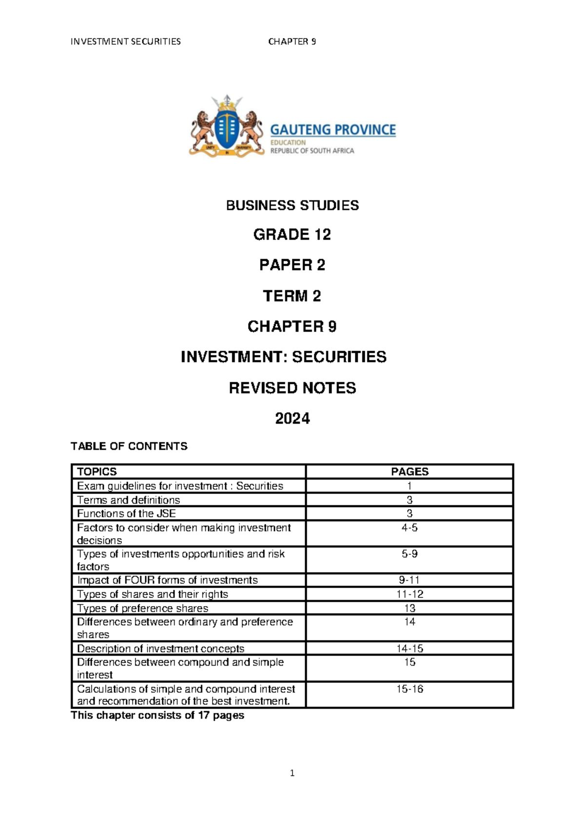 Revised Chapter 9 Notes on Investment Securities for BSTD Grade 12 Term ...
