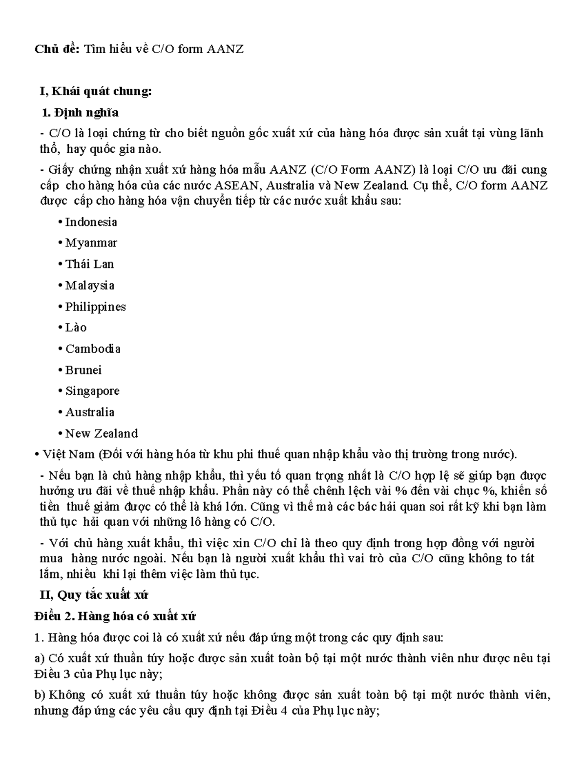 Tìm hiểu về C/O Form AANZ: Định nghĩa và Quy tắc xuất xứ - Studocu
