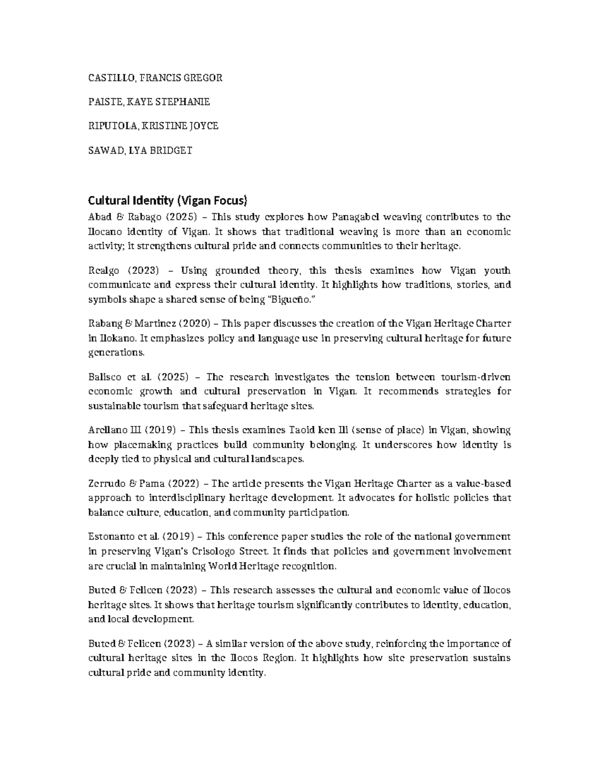 Cultural Identity and Heritage in Vigan: A Comprehensive Study - Studocu