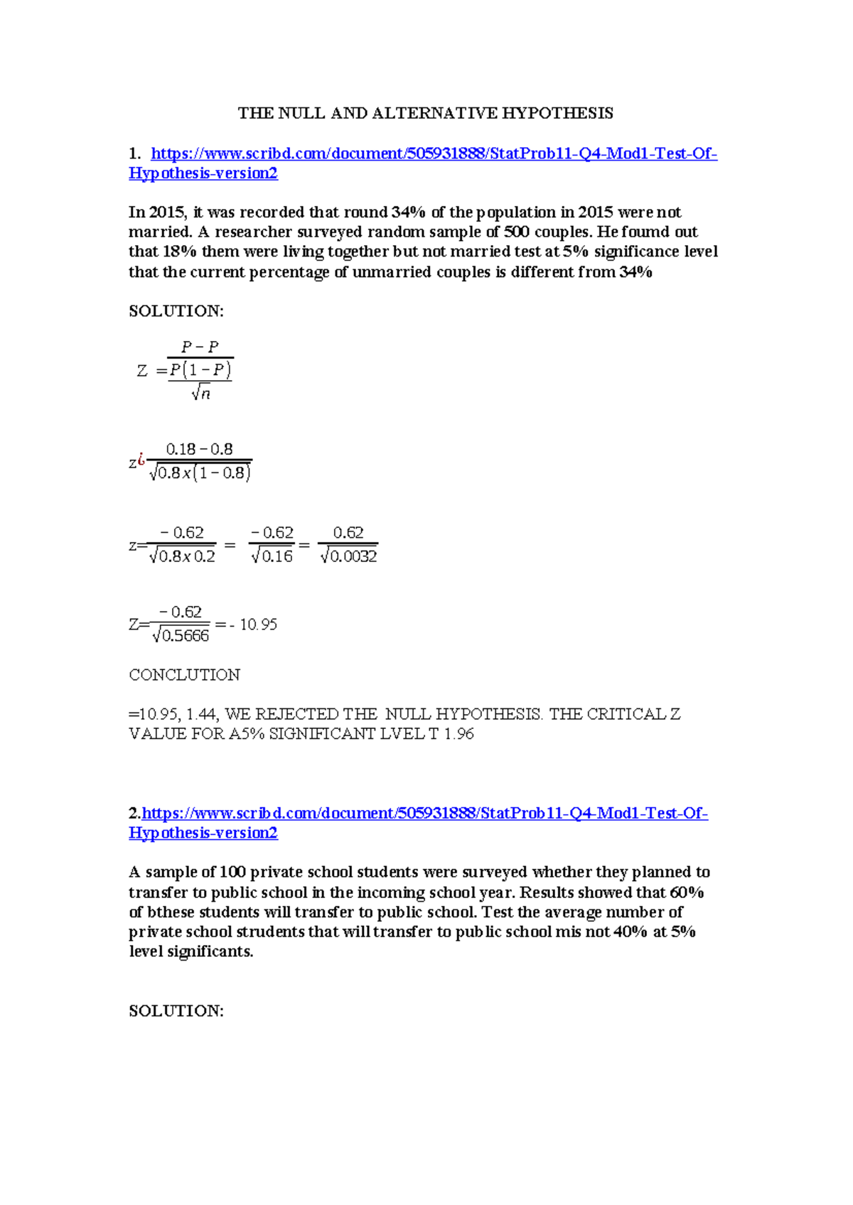 Statistical Analysis of Null and Alternative Hypothesis (STAT 101 ...