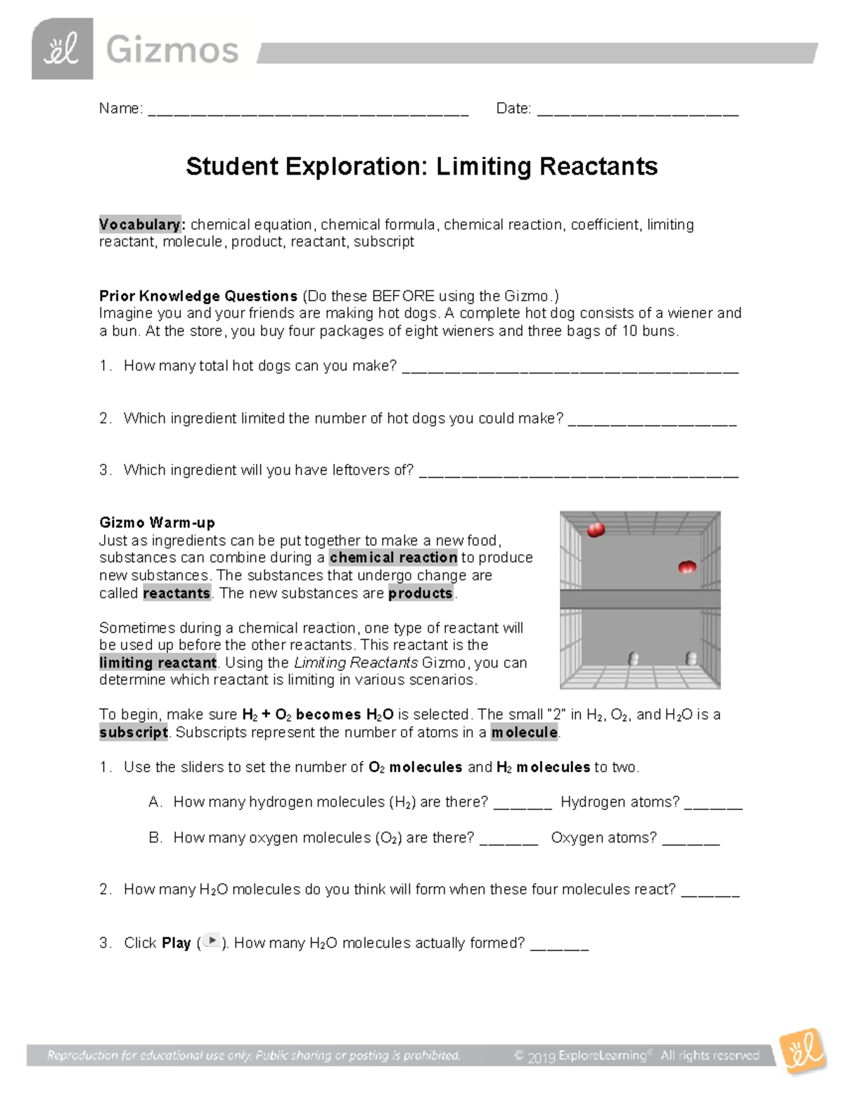 Limiting Reactants Student Exploration (SE) - 2019 Lab Guide - Studocu
