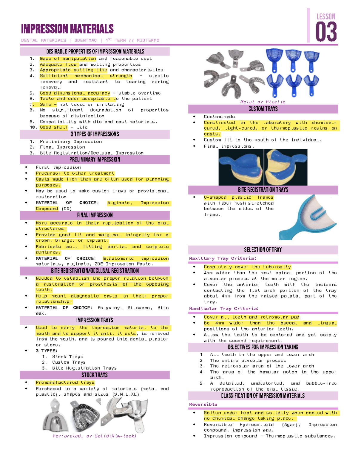 Dentistry DDENTMAC: Midterm Lesson on Impression Materials - Studocu