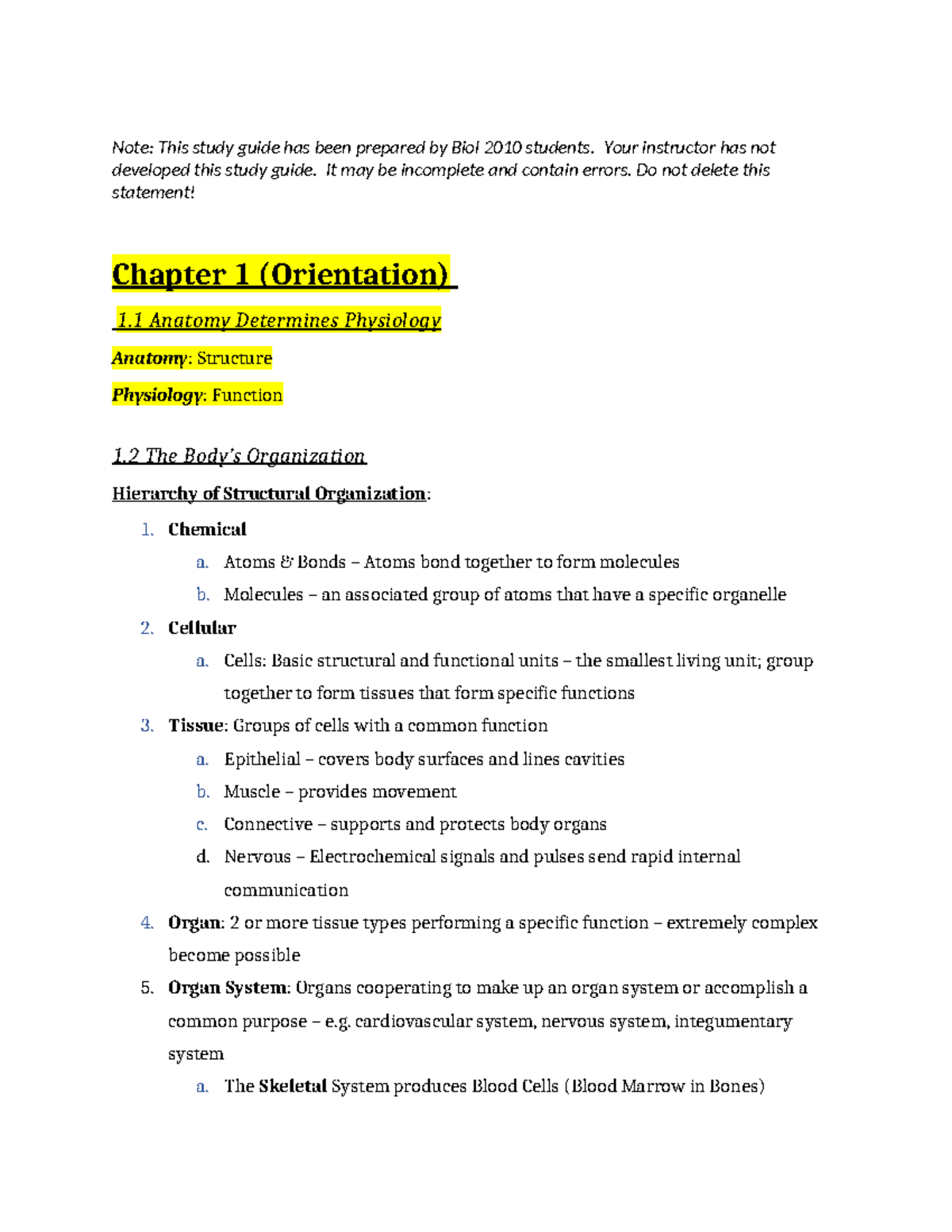 A&P1 Biol 2010 Exam 1 Study Guide: Anatomy & Physiology Concepts - Studocu