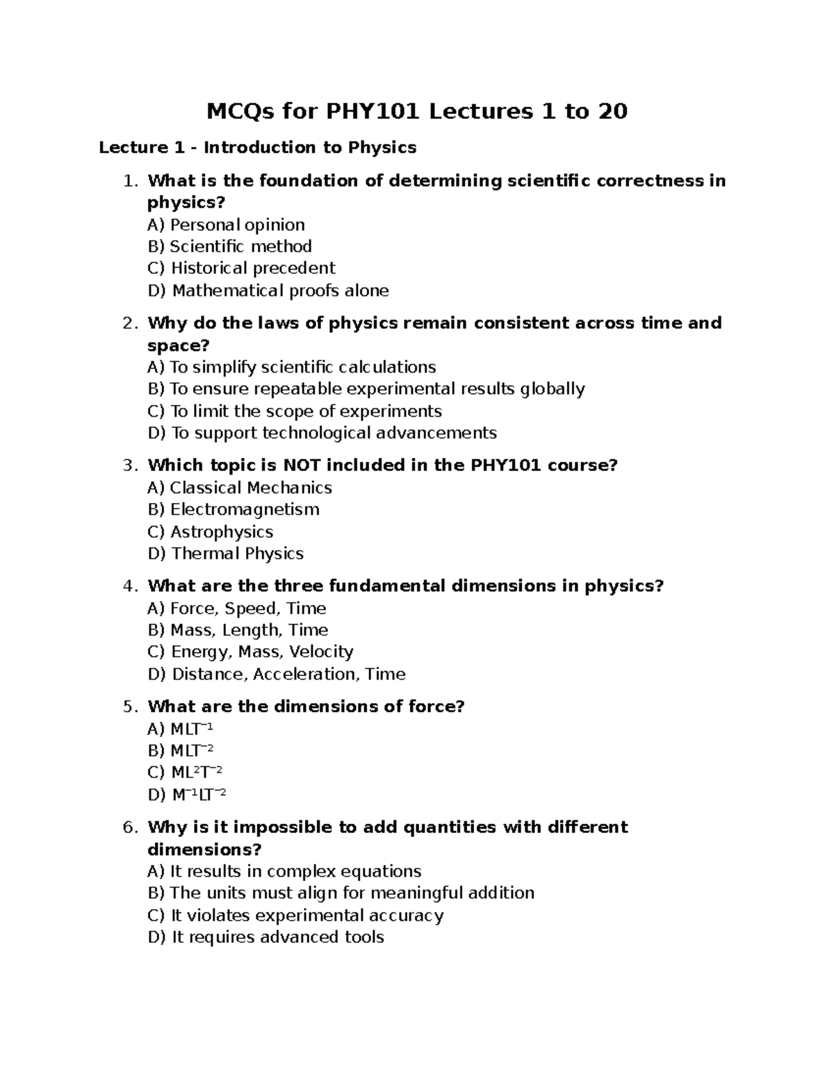 MCQs for PHY101: Comprehensive Review of Lectures 1-20 - Studocu