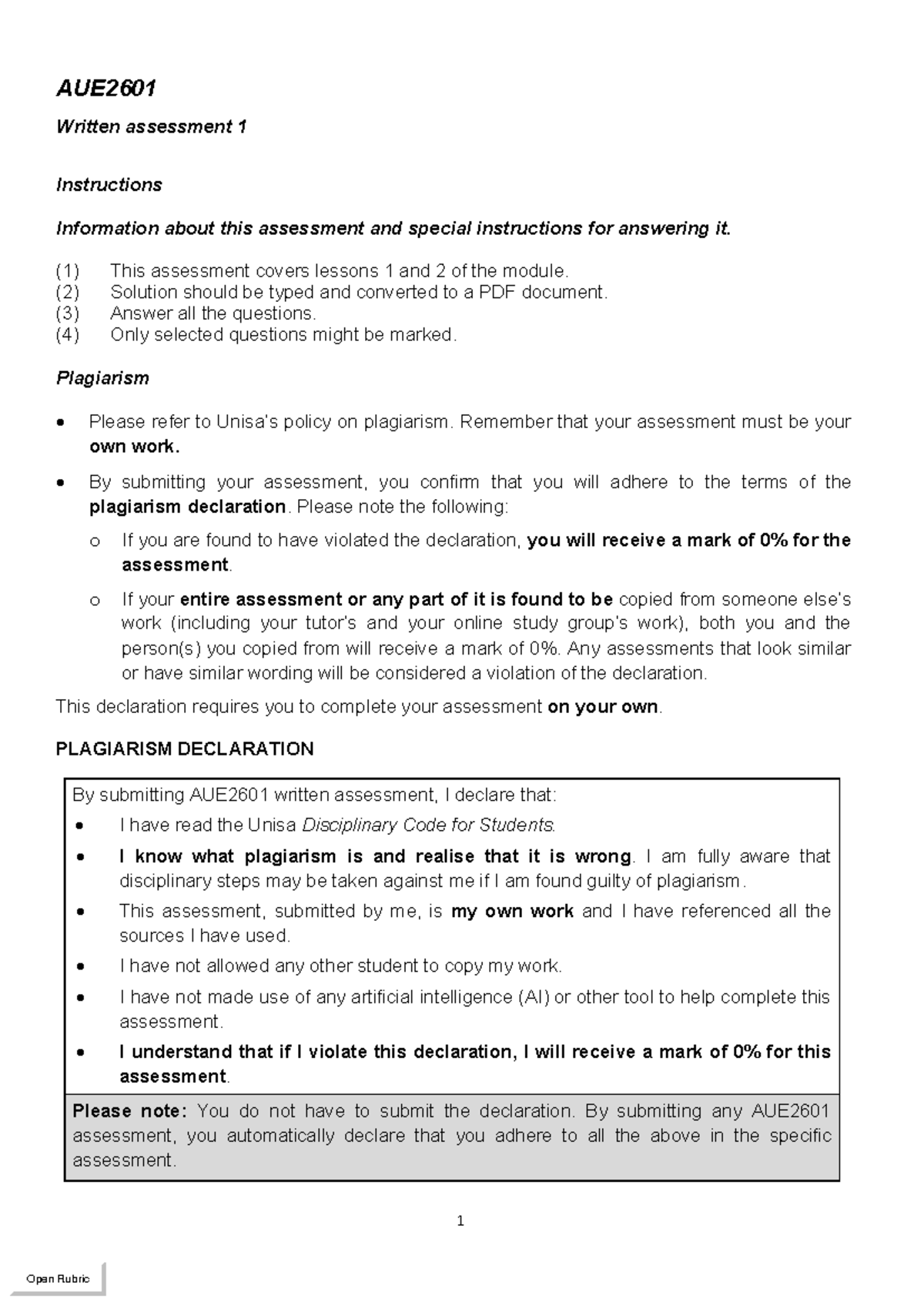 AUE2601 Written Assessment 1 Group A - Guidelines and Instructions ...