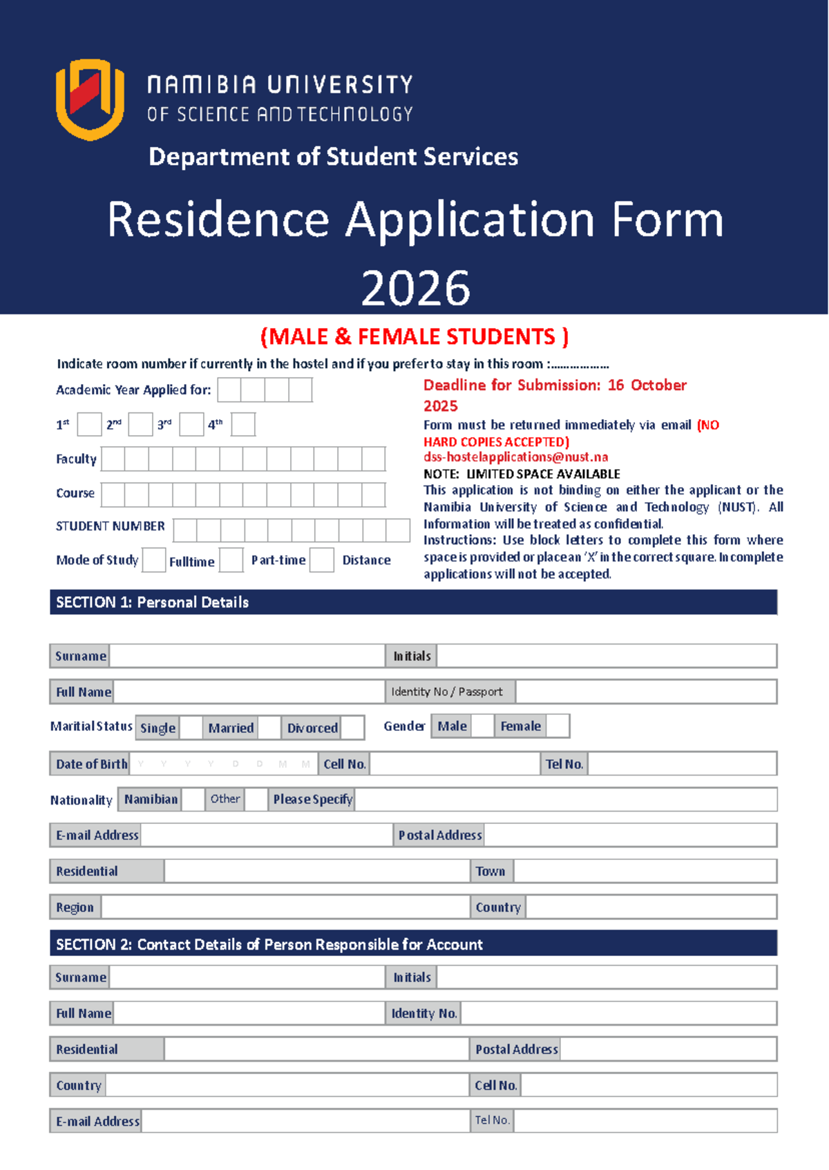 NUST Residence Application Form 2026 for Male & Female Students - Studocu