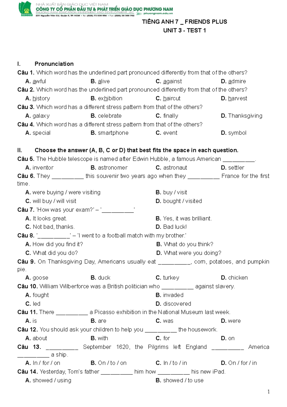 Tieng Anh 7 Friends Plus - Unit 3 - Test 1 - TIẾNG ANH 7 _ FRIENDS PLUS ...