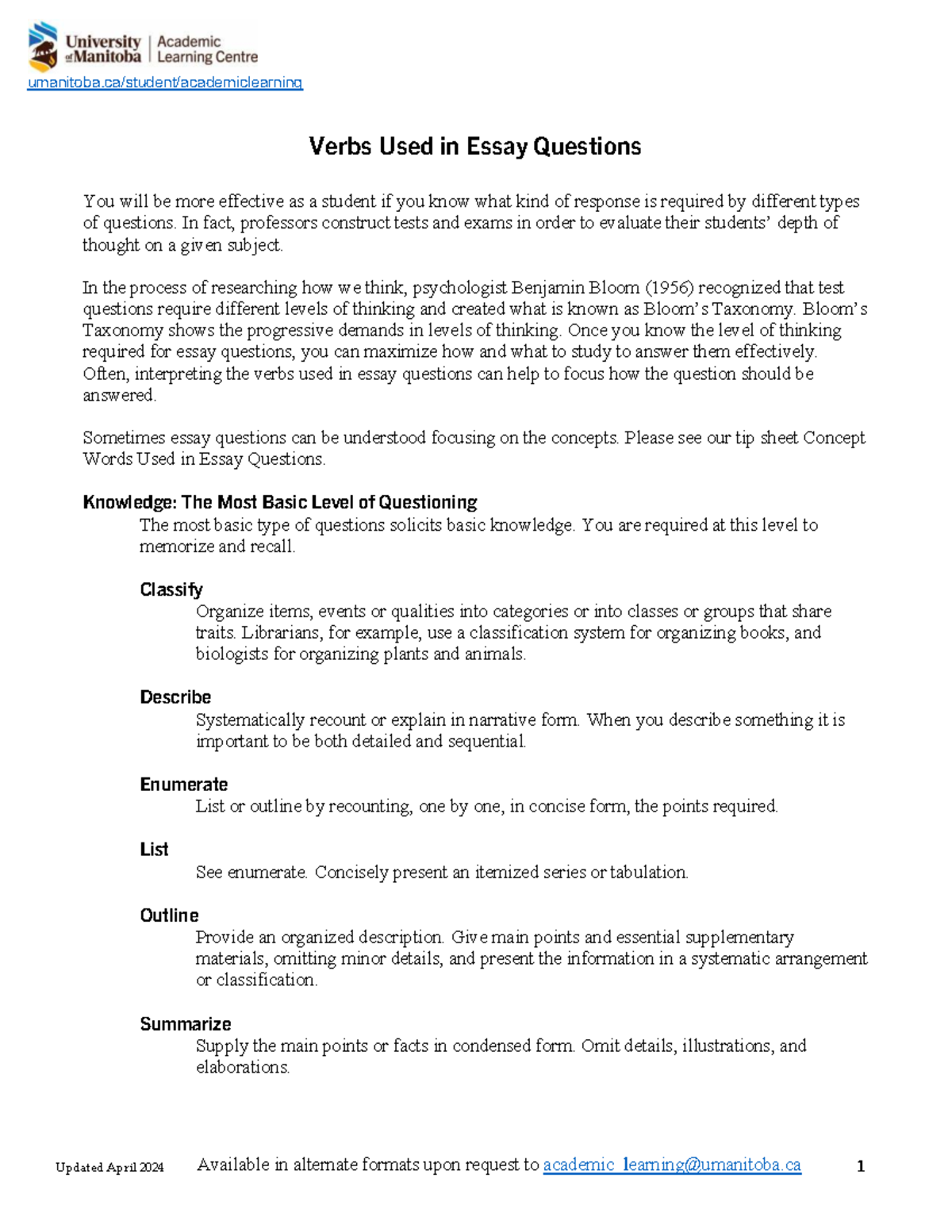 Verbs in Essay Questions: Understanding Levels of Thinking - Studocu