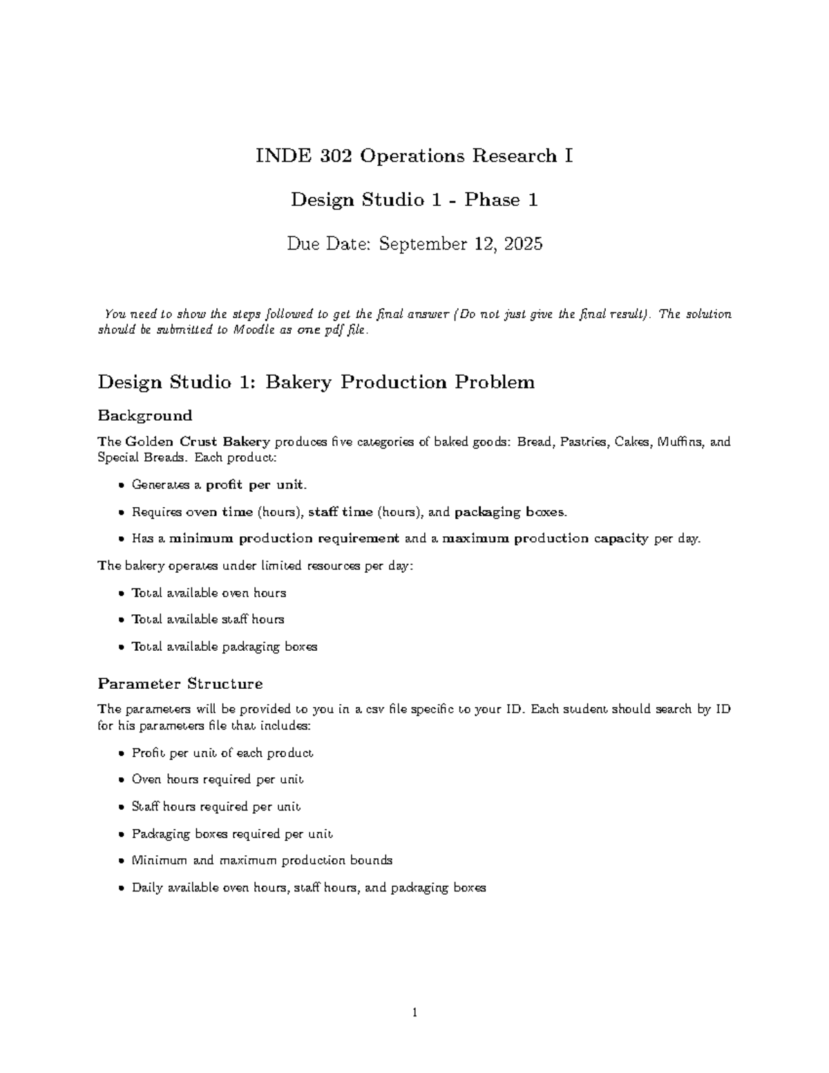INDE 302 Design Studio 1: Bakery Production Problem Analysis - Studocu