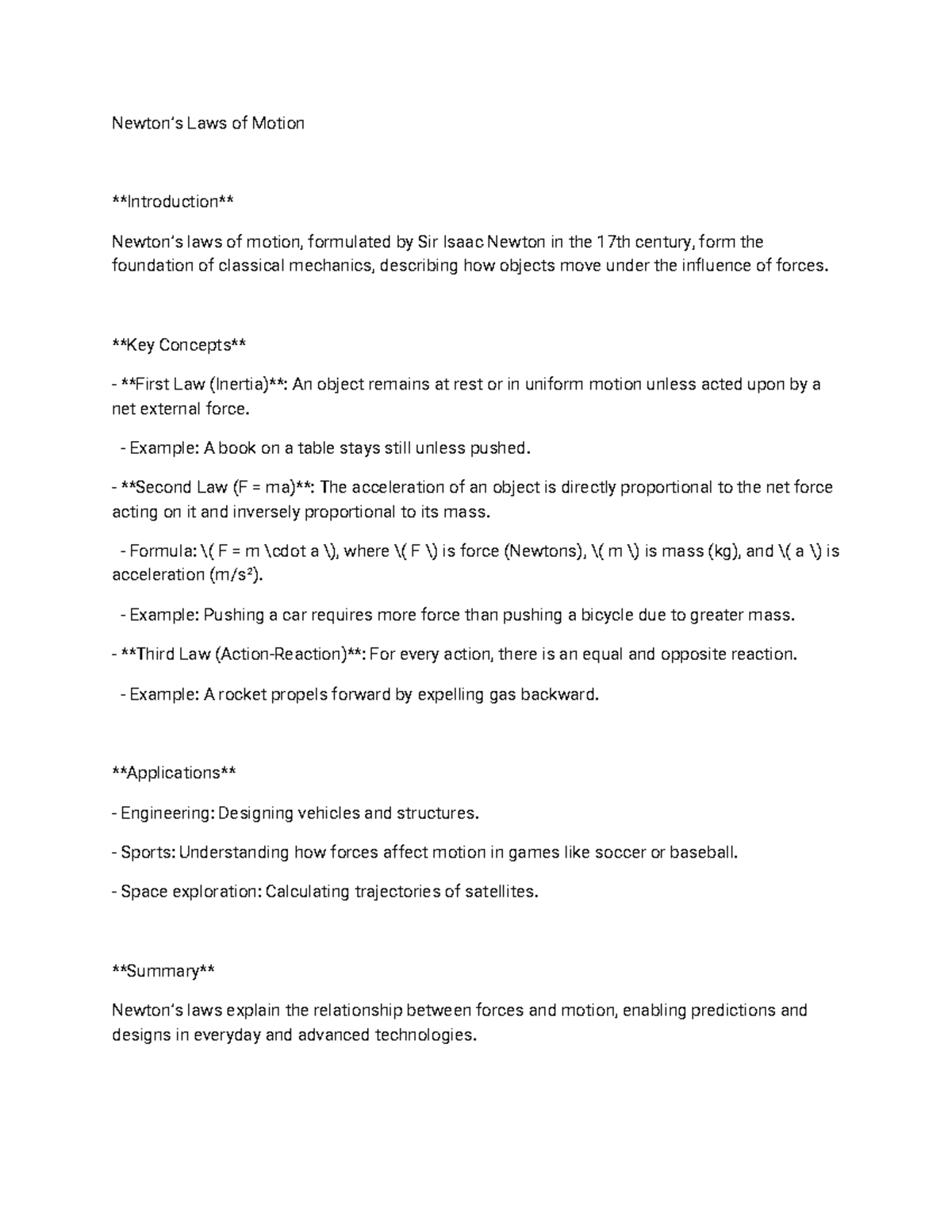 Newton's Laws of Motion - Class Notes, 8th Grade Science - Studocu
