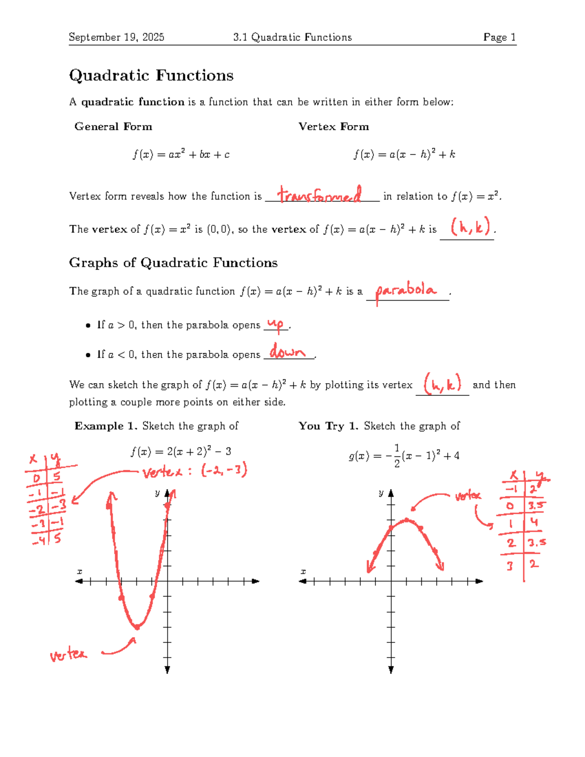 MATH101: Quadratic Functions - Vertex Form & Graphing Techniques - Studocu