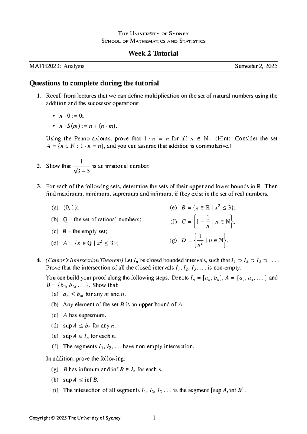 MATH2023: Week 2 Tutorial Questions for Analysis Semester 2, 2025 - Studocu