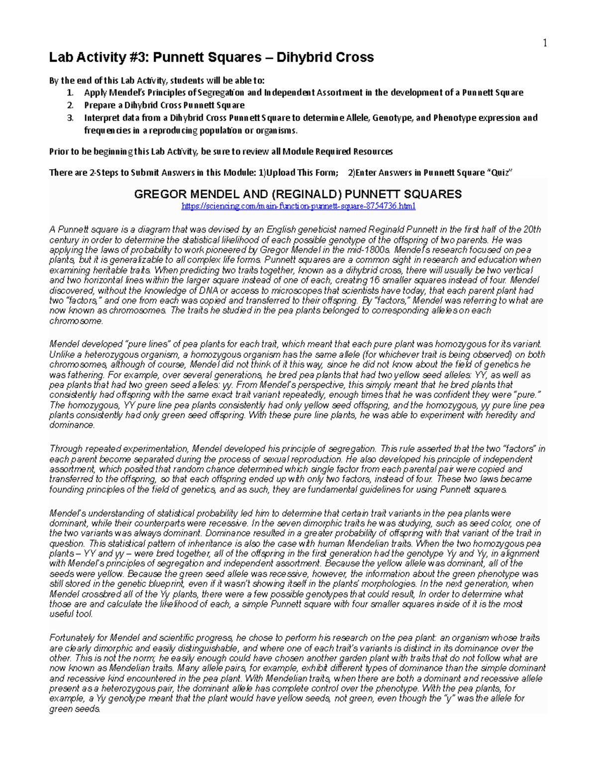 Lab Activity #3 - Punnett Squares-i - Apply Mendel’s Principles of ...