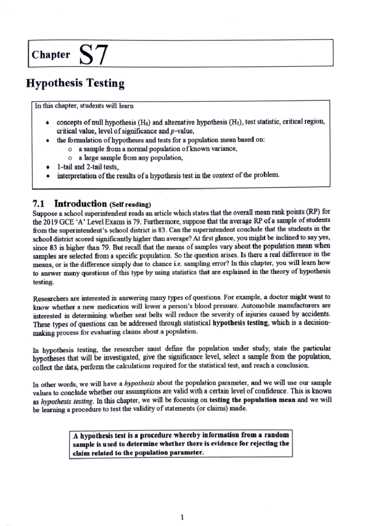 Chapter S7: Hypothesis Testing Concepts and Procedures - Studocu