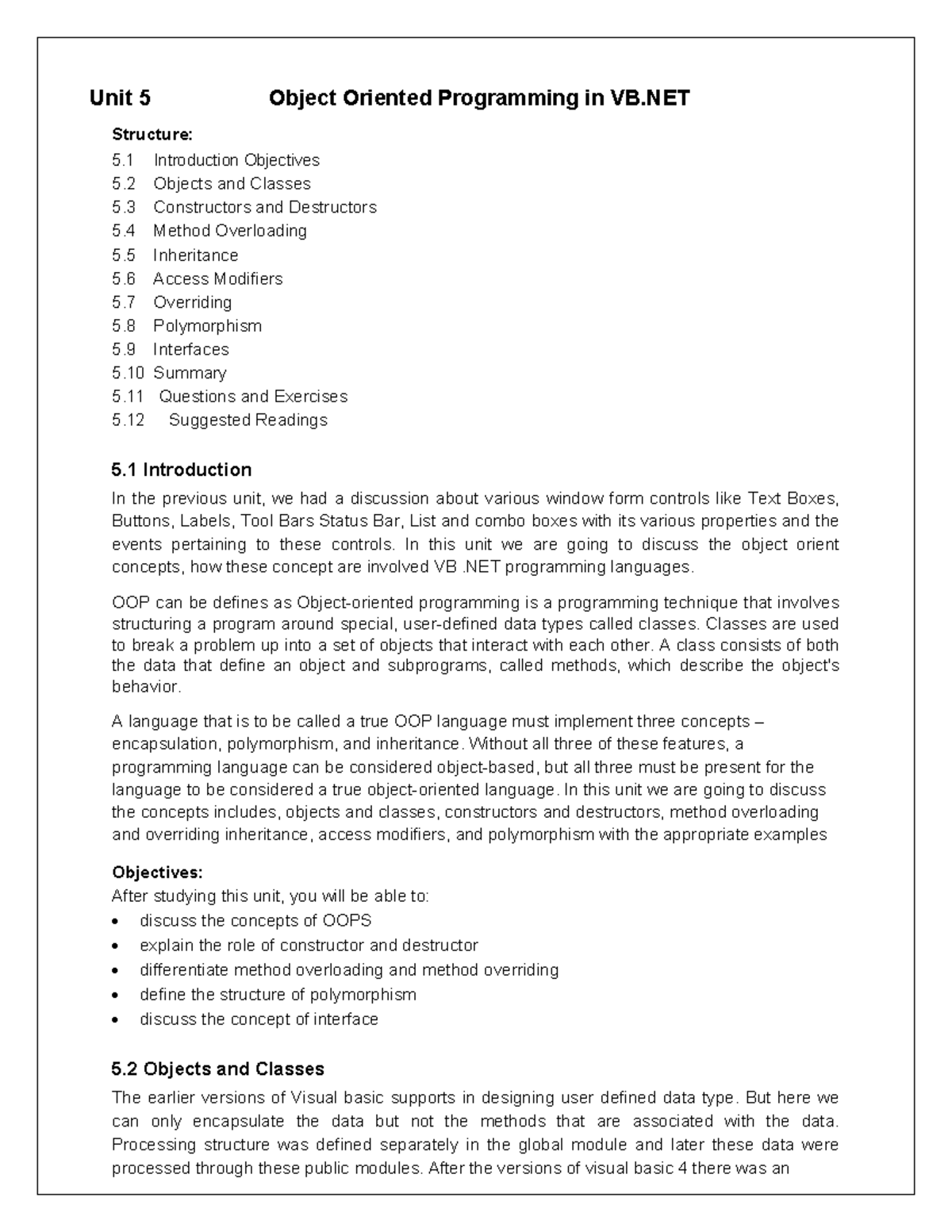 OOPs in VB - introduction To OOP in VB.NET - Unit 5 Object Oriented Programming in VB Structure ...