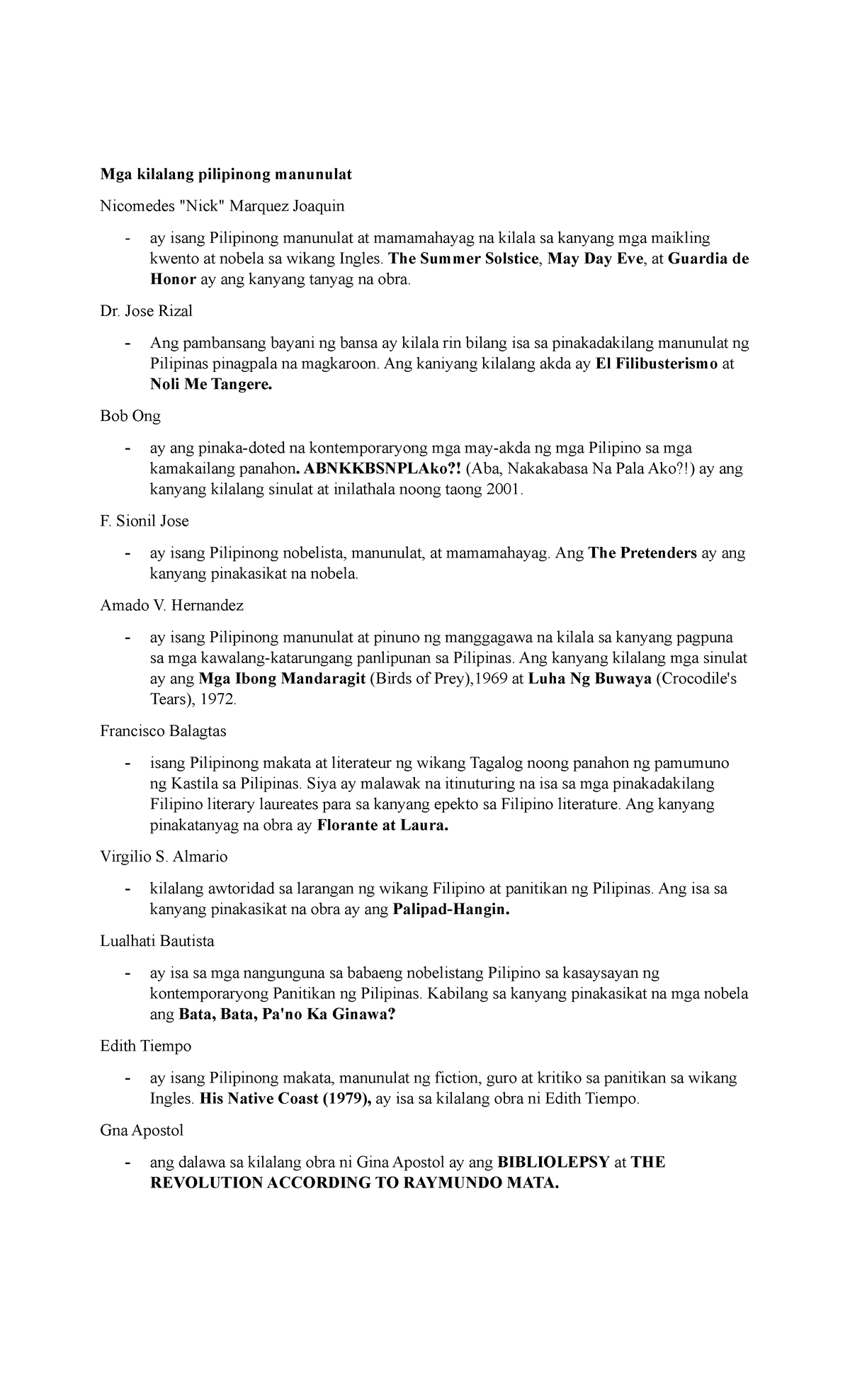 Kilalang Manunulat Sa Pilipinas Panitikan Sa Panahon Ng Pang Apat Na