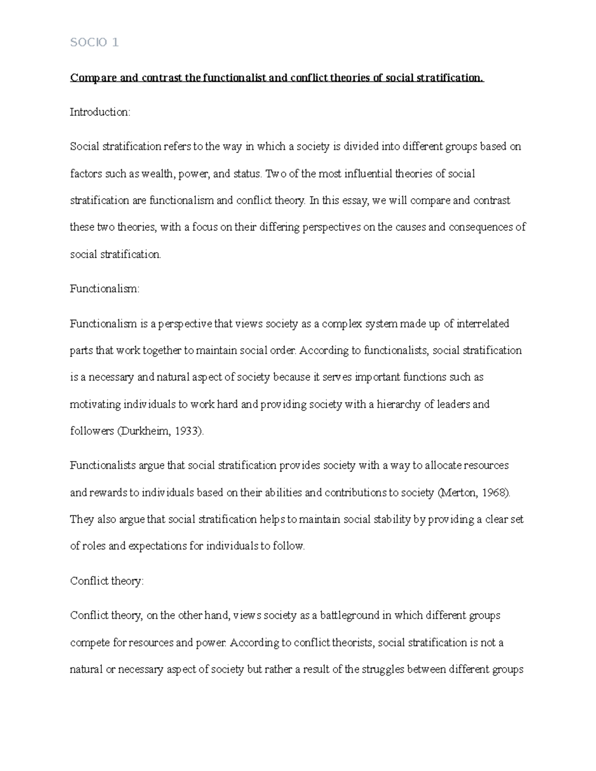 SOCIO 1: Comparing Functionalism vs. Conflict Theory in Stratification ...