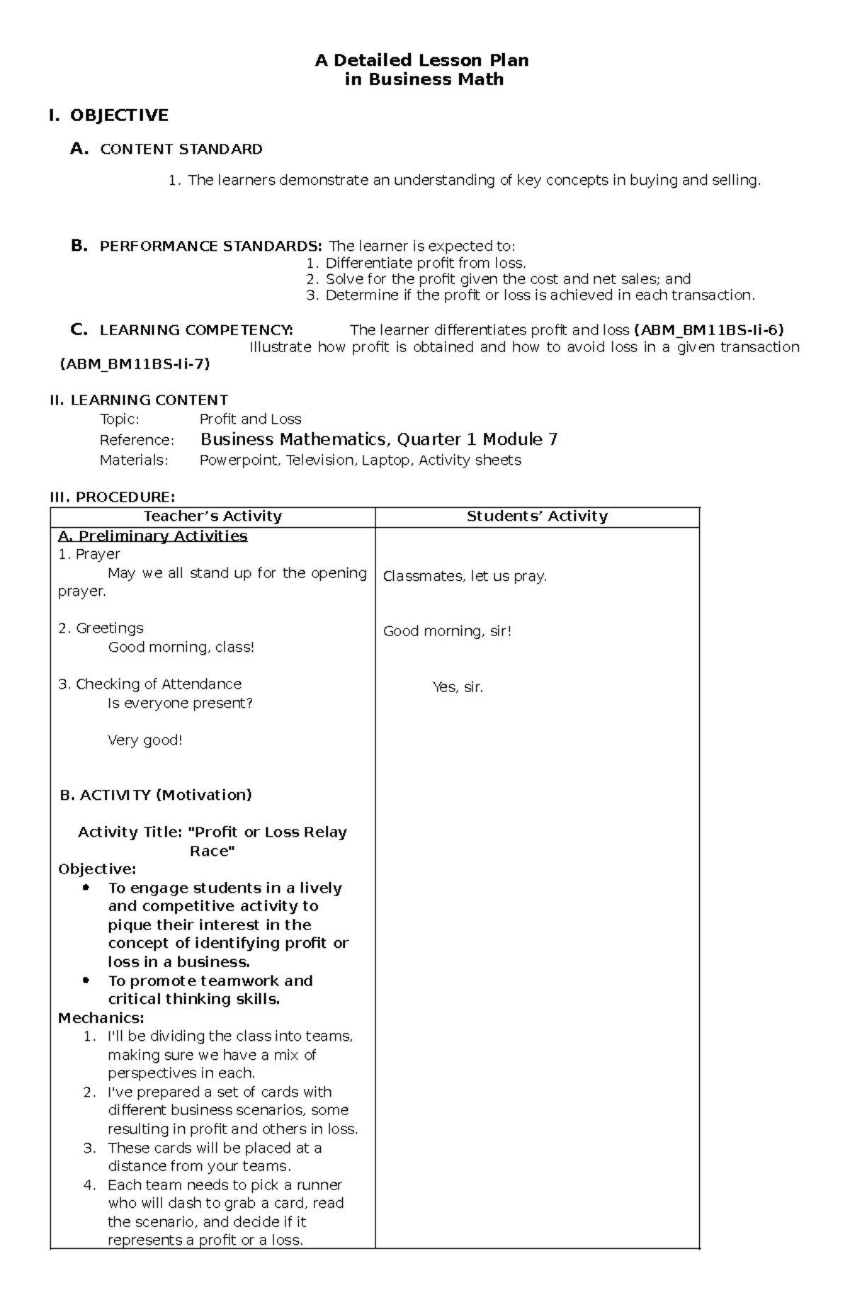 Detailed Lesson Plan on Profit and Loss (ABM_BM11BS-Ii-6) - Studocu