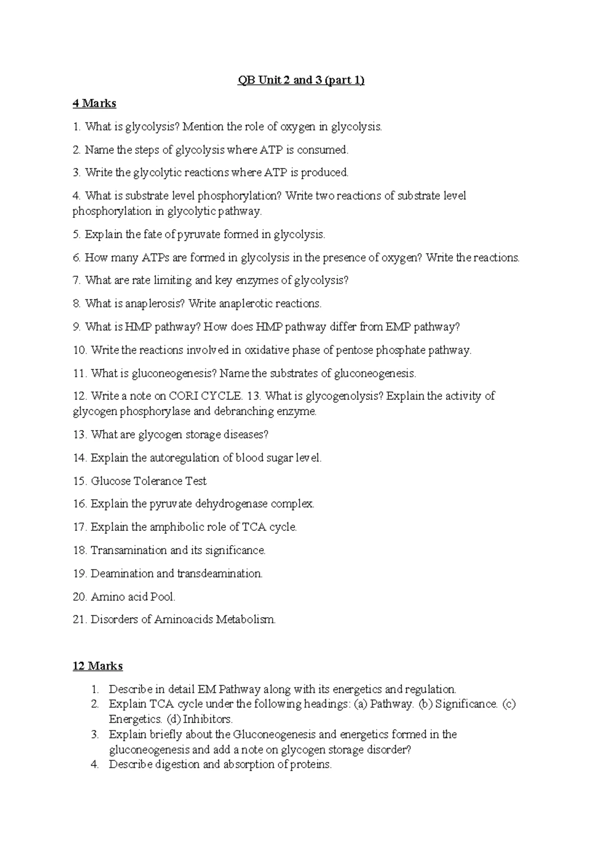 Unit 1 Question bank Biochemistry - 18BTC101J -Biochemistry Unit 1 QB ...