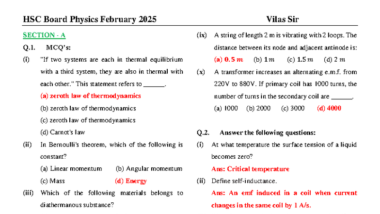 HSC 2025 Physics Complete Solution - February Exam by Vilas Sir - Studocu