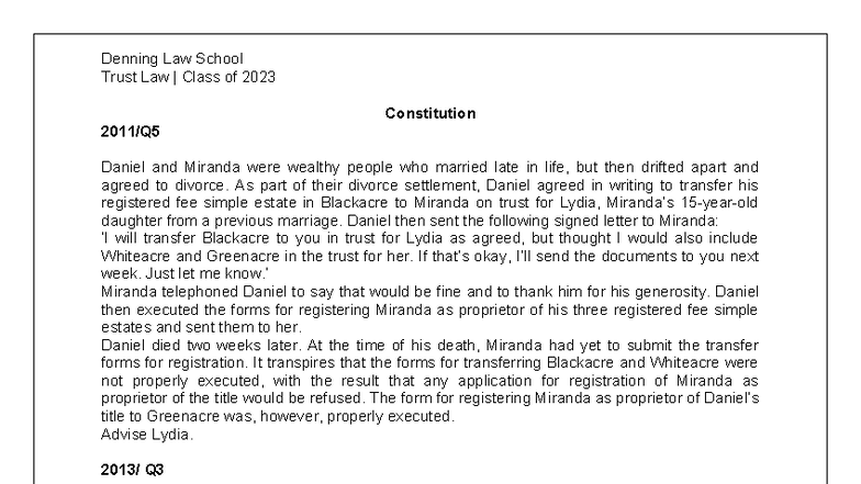 Denning Law School Trust Law Class of 2023 Past Paper Analysis - Studocu