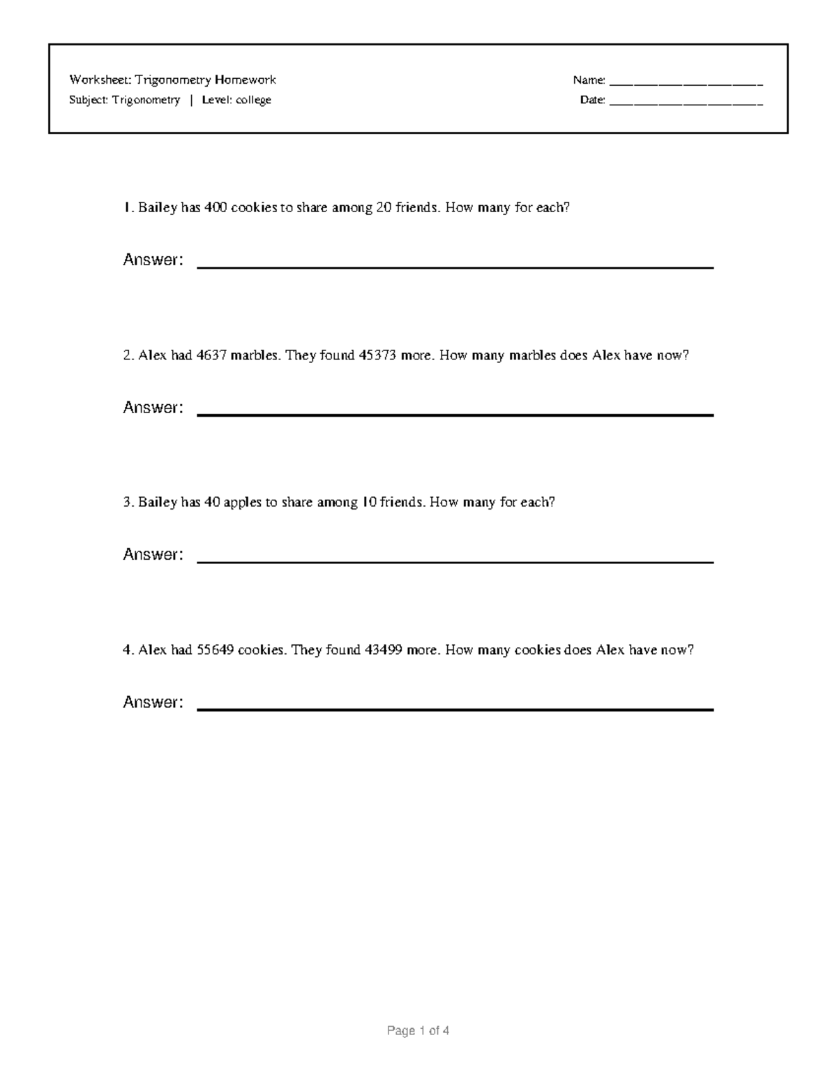 Trigonometry Homework Worksheet (College Level) - Studocu