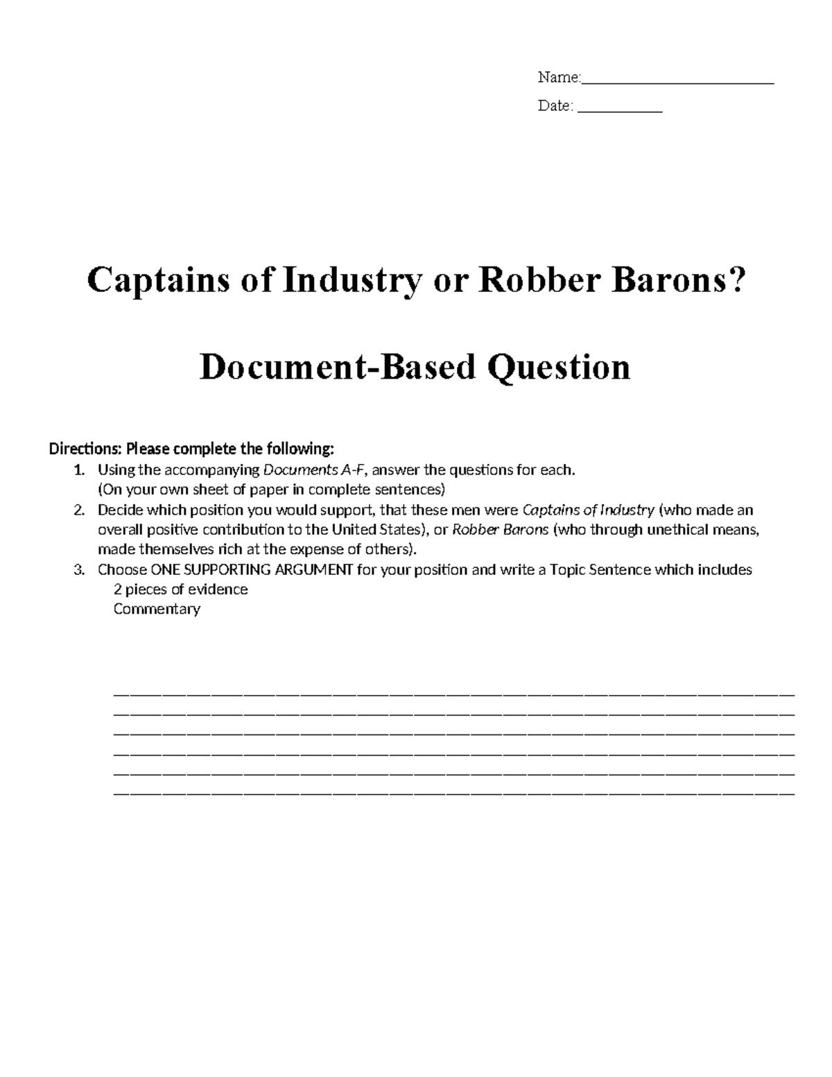 Captains of Industry or Robber Barons? DBQ Analysis - Studocu