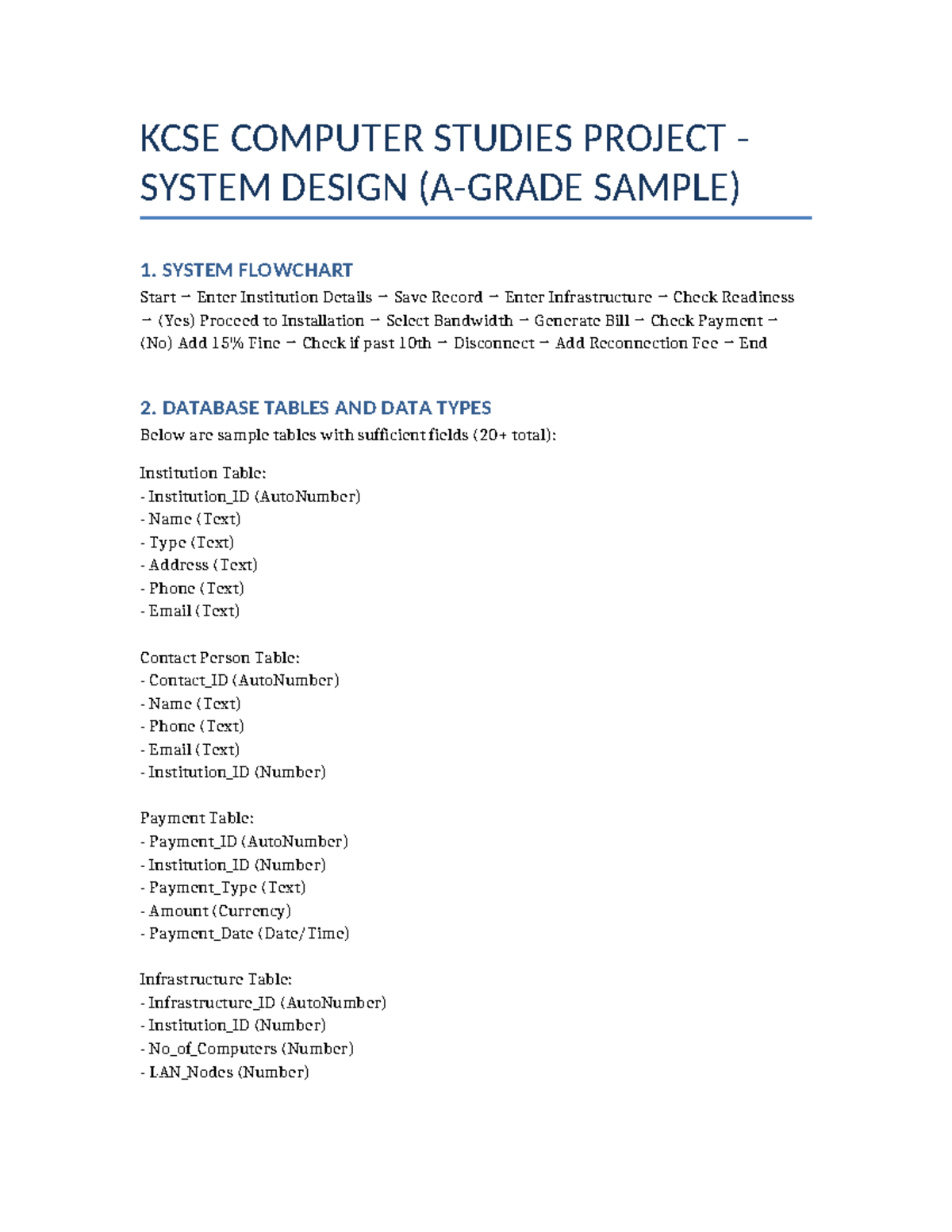 KCSE COMPUTER STUDIES PROJECT: SYSTEM DESIGN SAMPLE - Studocu