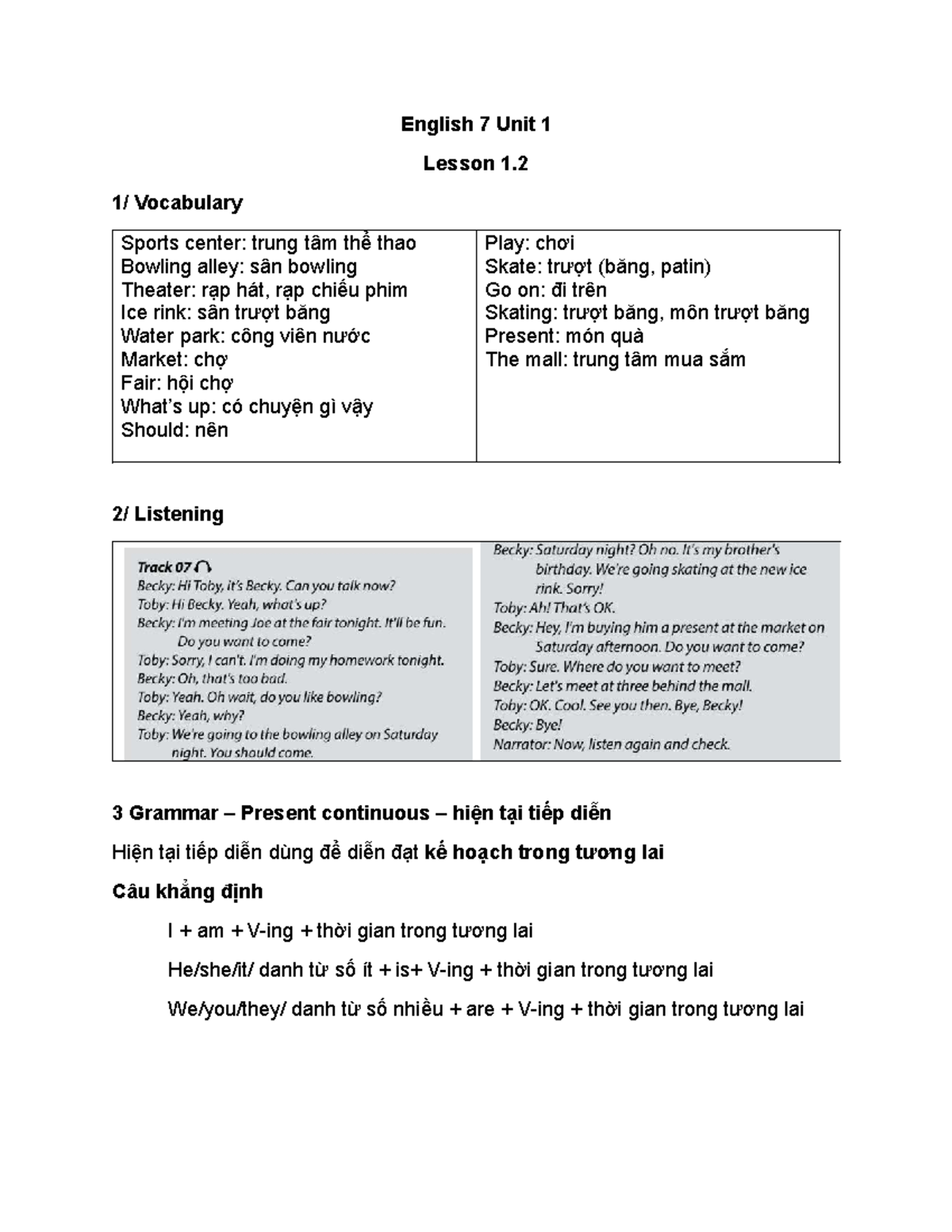 Eng 7 Unit 1 - Lesson 1.2 Vocabulary & Grammar Notes - Studocu