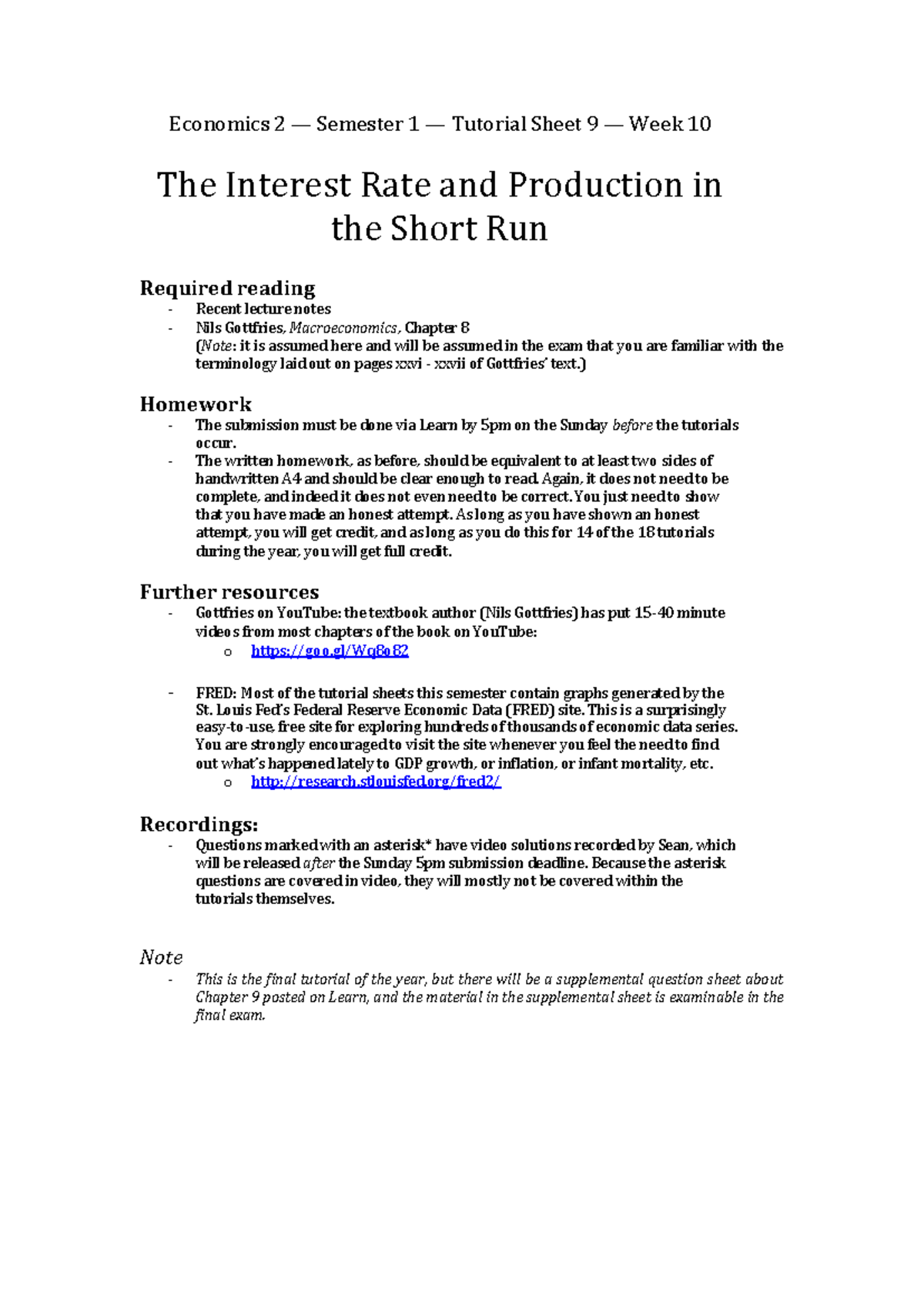 Tutorial 9 Solutions - Economics 2 — Semester 1 — Tutorial Sheet 9 ...