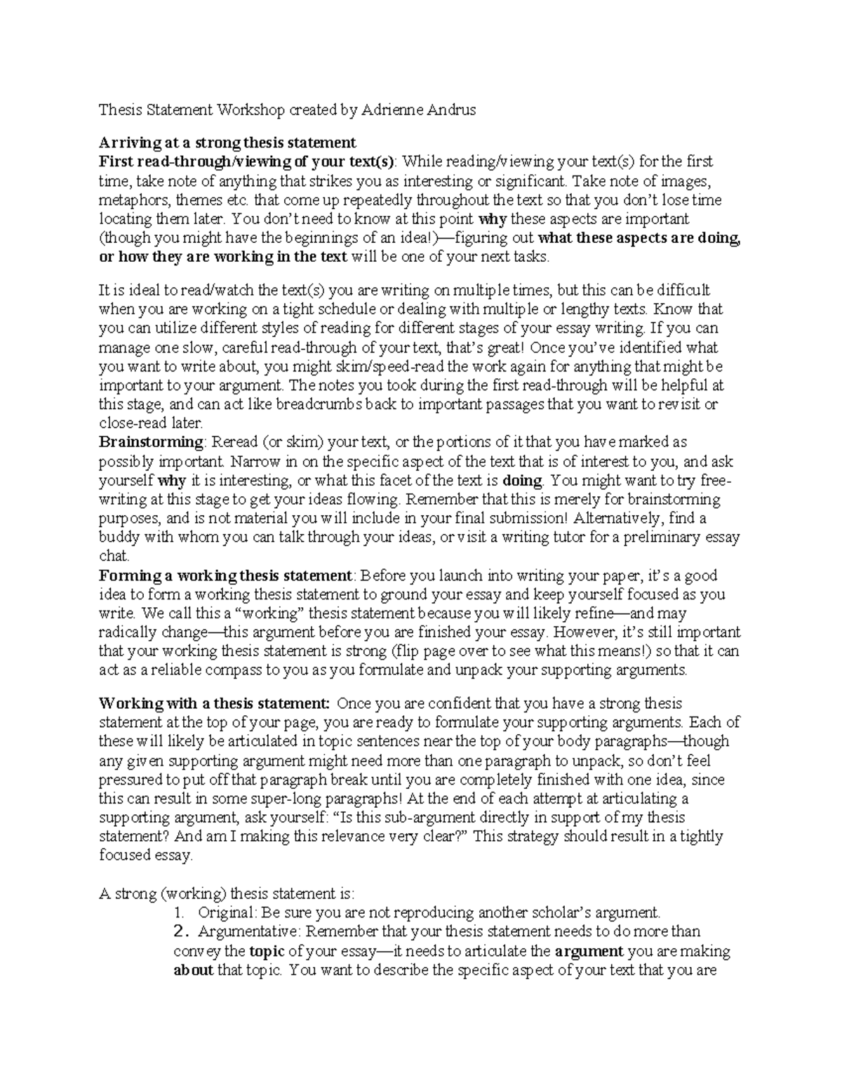 Thesis Statement Tips - Thesis Statement Workshop created by Adrienne ...