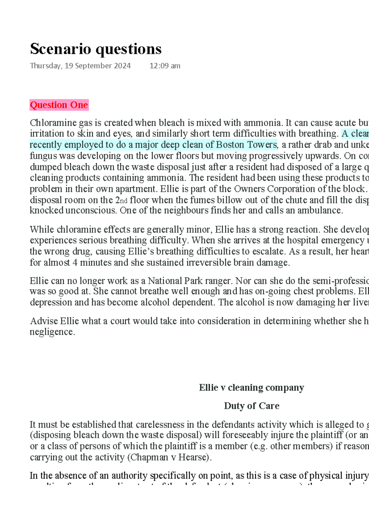 Scenario Questions - Week 7: Negligence Case Study Analysis - Studocu