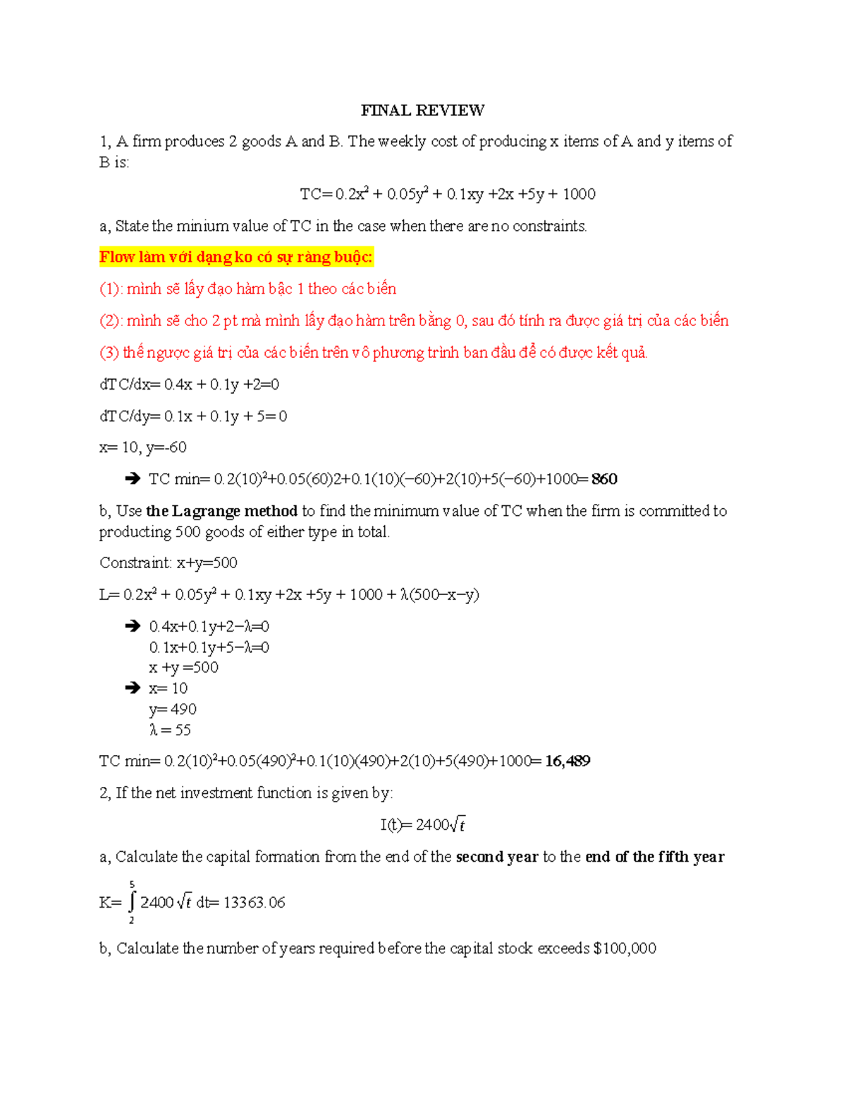 FINAL REVIEW - ECON 101: Cost Minimization & Production Analysis - Studocu