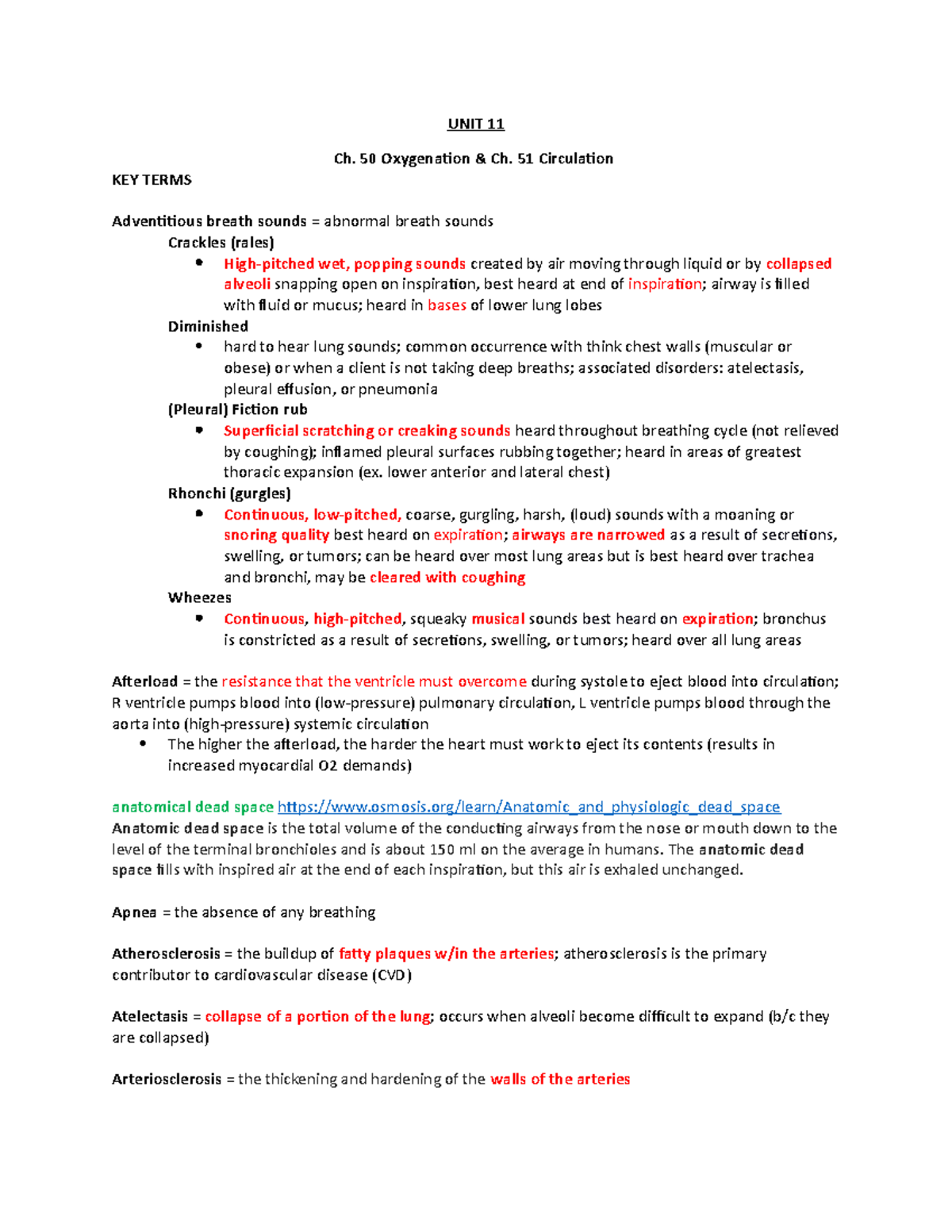 (week 5) UNIT 11 - Study guide for Unit 11 - UNIT 11 Ch. 50 Oxygenation ...