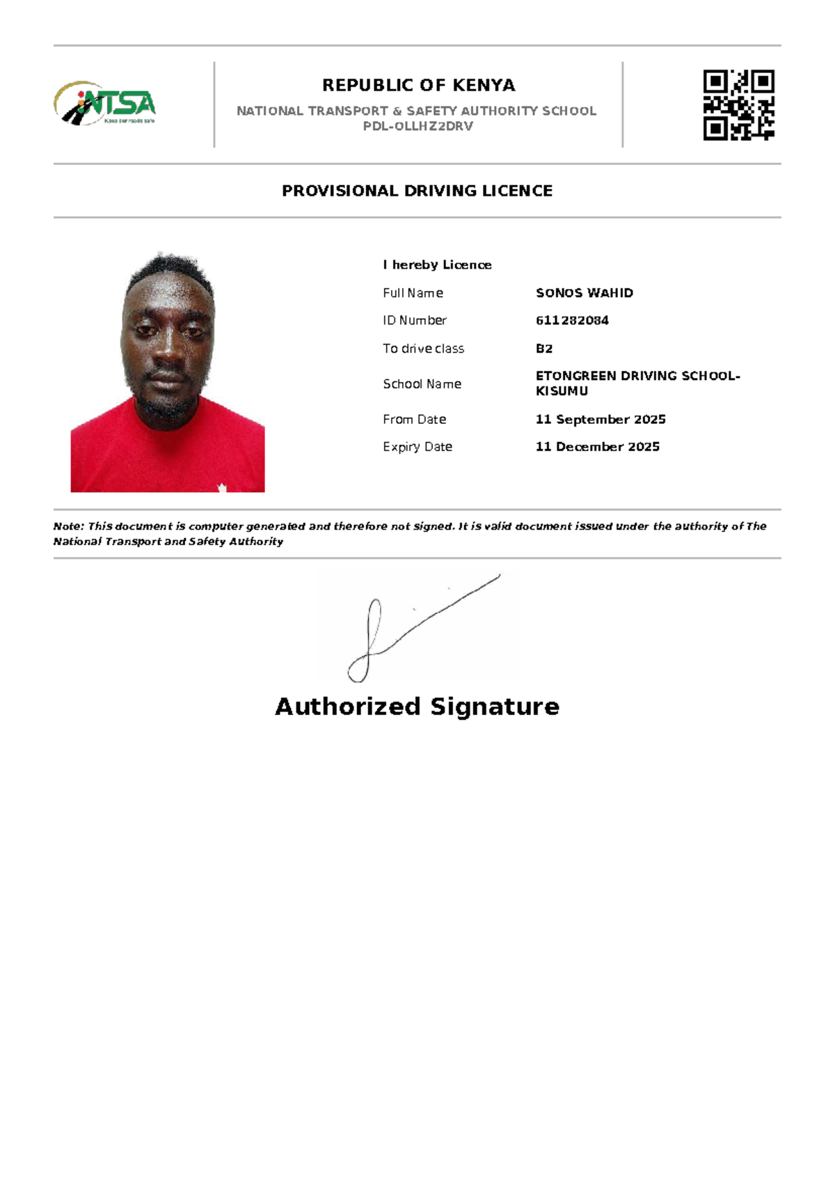 PDL- Ollhz 2DRV-Provisional Driving License sonos - REPUBLIC OF KENYA ...