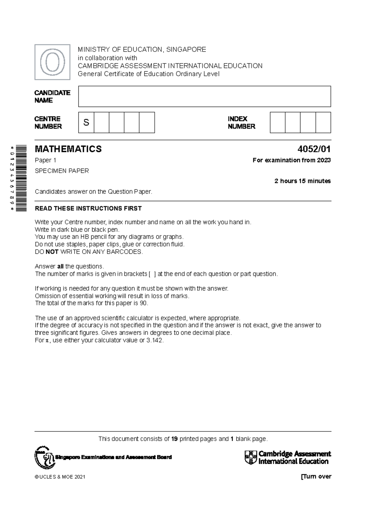O Level Mathematics 4052 Specimen Paper 2023 - Comprehensive Guide ...