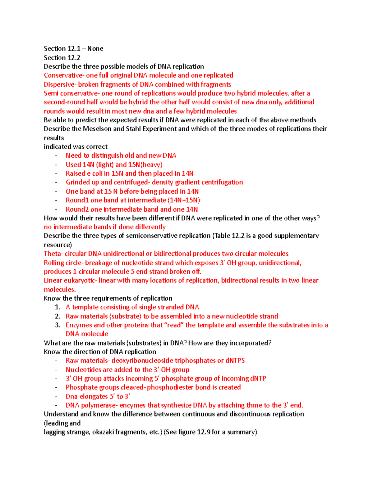 Section 12 Summary: DNA Replication Models & Key Experiments in ...