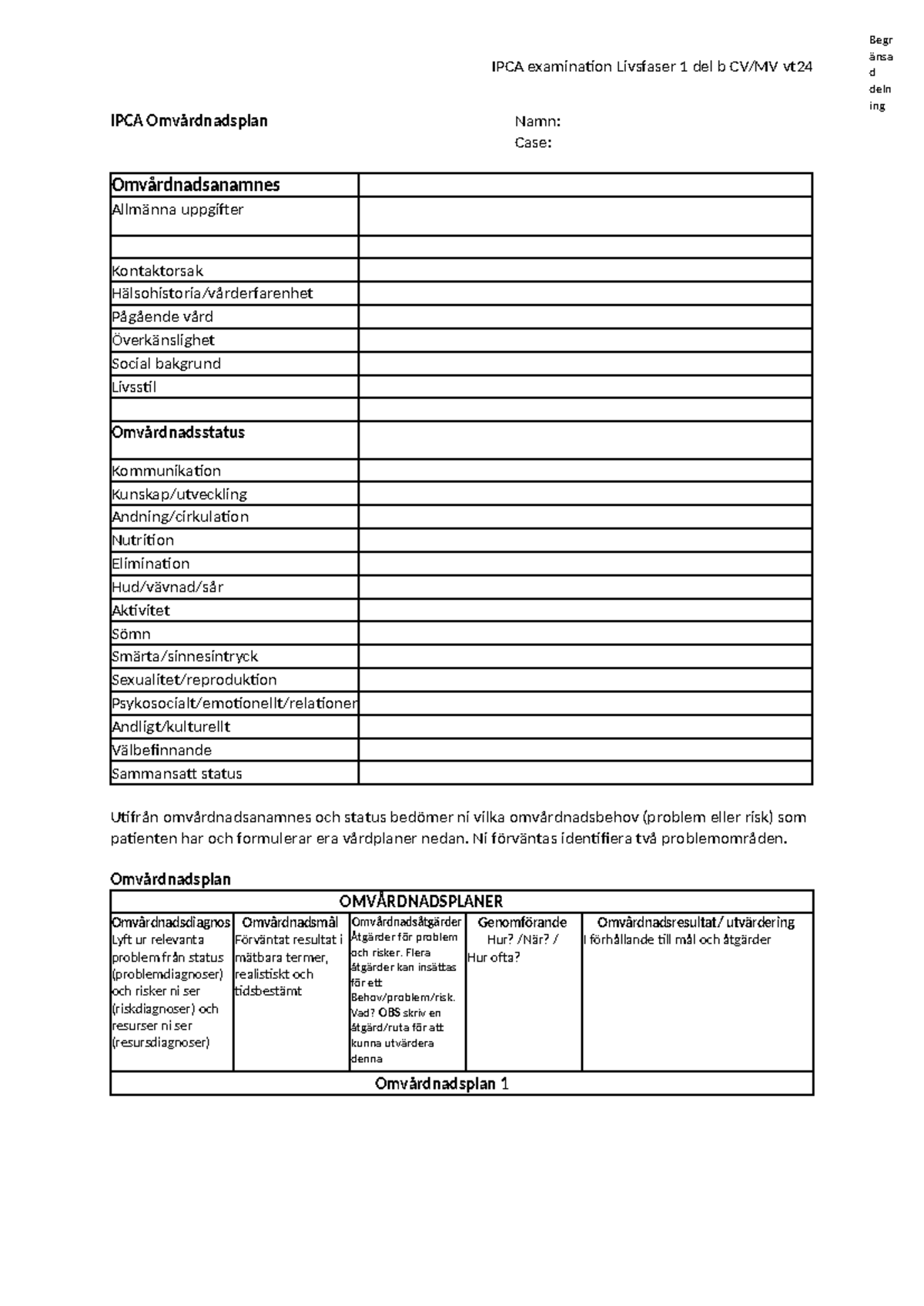IPCA Examination Case Study: Livsfaser 1 Del B & Care Plans - Studocu