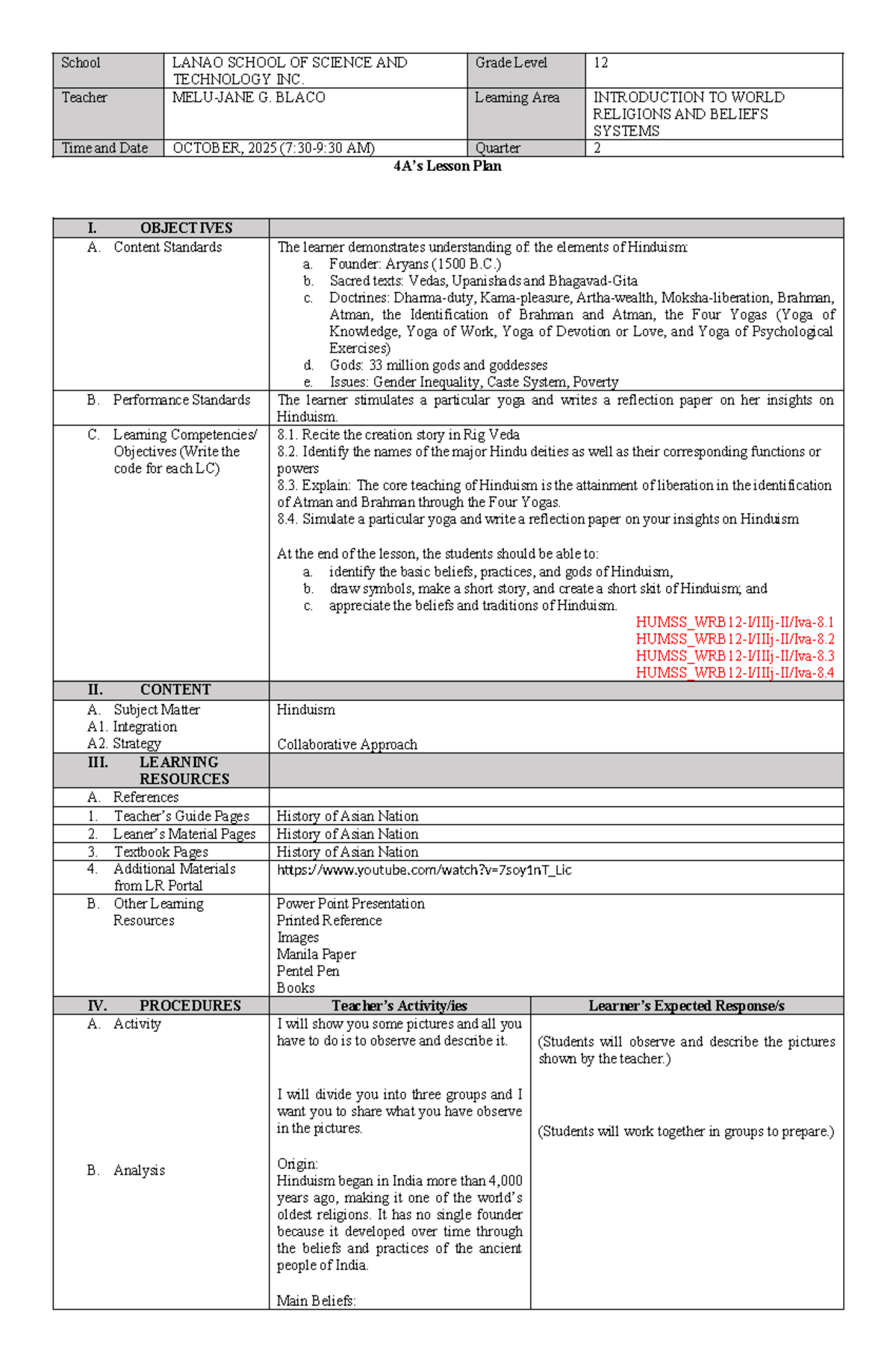 HINDUISM: Grade 12 Lesson Plan (4A's) - Lanao School of Science - Studocu