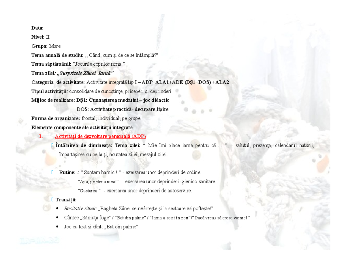 Proiect II: Jocurile Copiilor Iarna - Grupa Mare, Activități Integrate ...